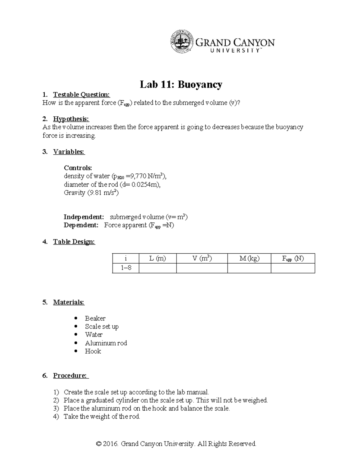 *Lab 11 Buoyancy - lab 11 - Lab 11: Buoyancy Testable Question: How is ...