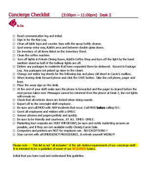 3 to 11 Concierge checklist - Concierge Checklist ( 3 : 00 pm – 11 : 00 ...