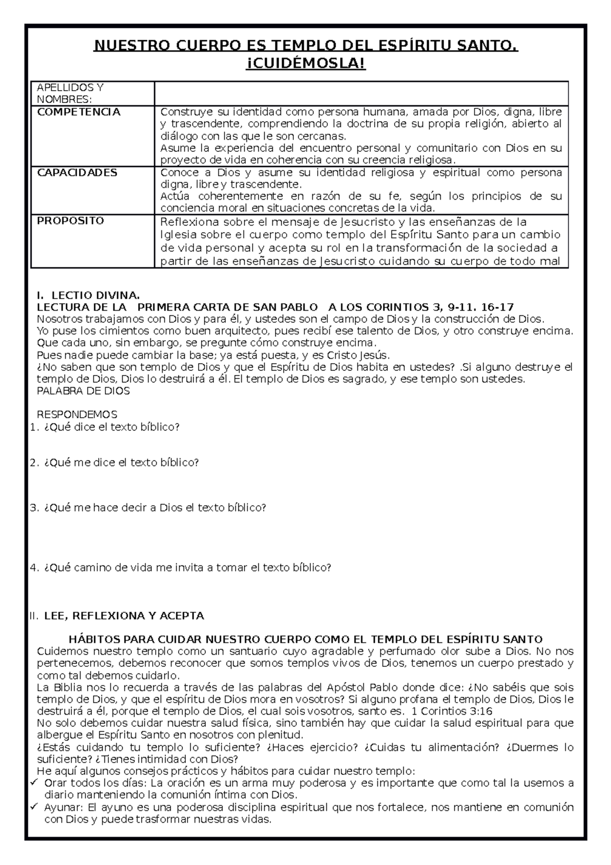 Nuestro Cuerpo ES Templo DEL Espíritu Santo - NUESTRO CUERPO ES TEMPLO DEL ESPÍRITU SANTO, - Studocu