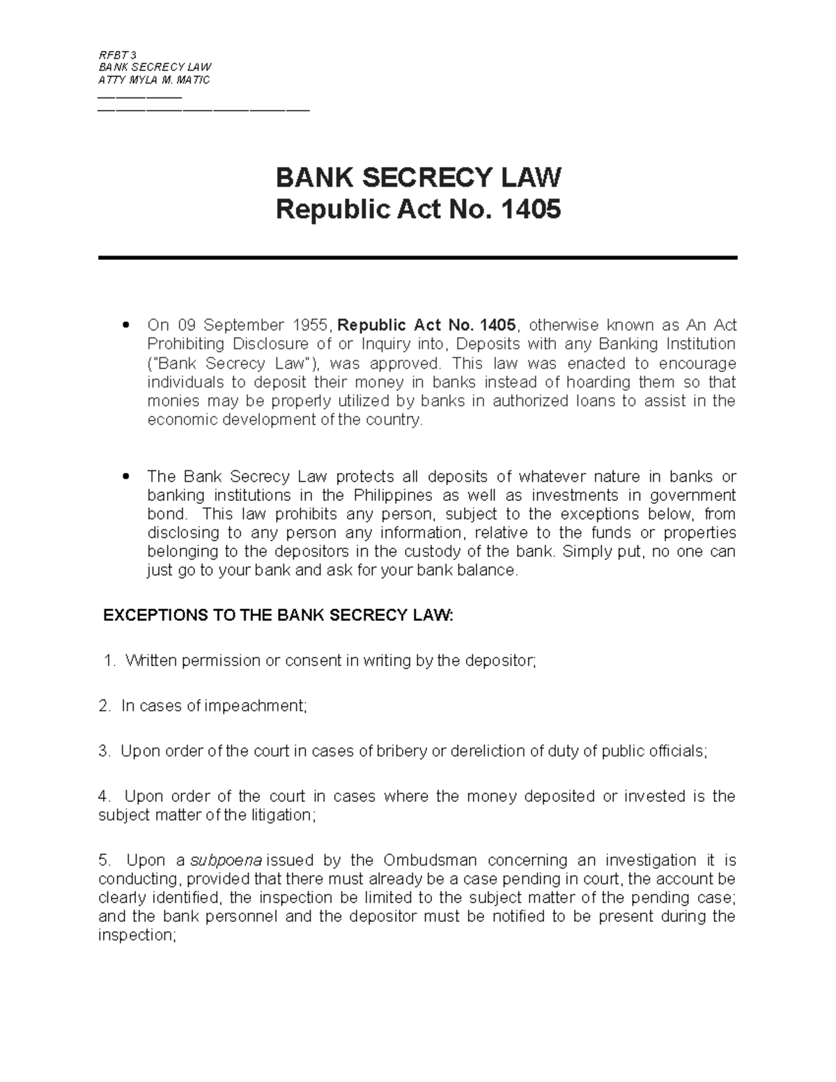 RFBT 3. BANK Secrecy LAW - _RFBT 3 BANK SECRECY LAW ATTY MYLA M. MATIC ...