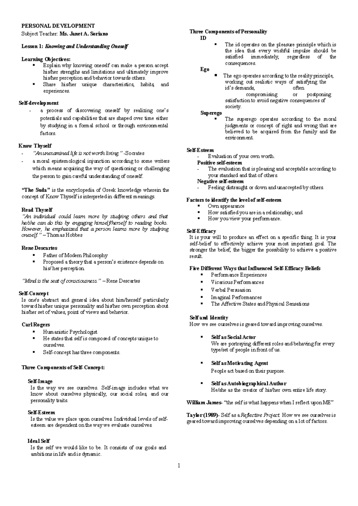 Personal Development Lesson 1 3 Hand outs - PERSONAL DEVELOPMENT ...