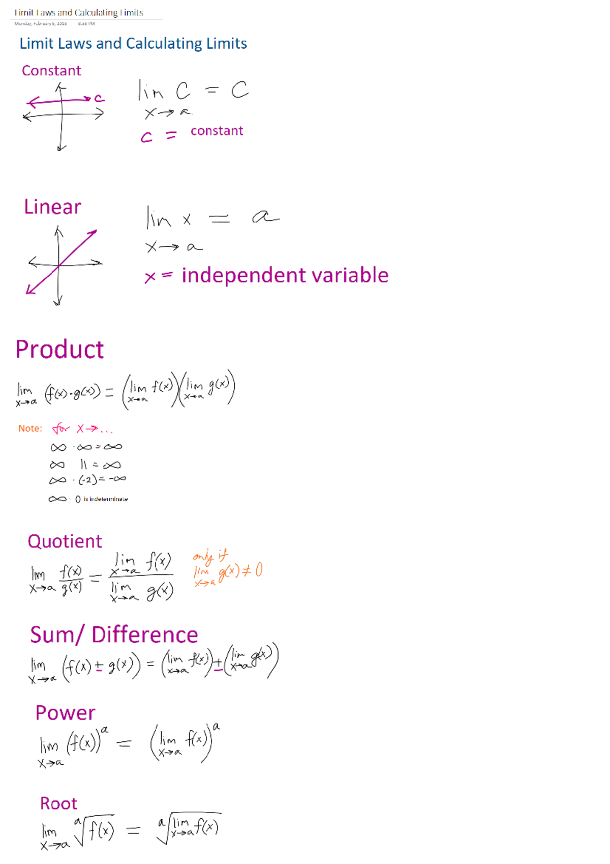 Limit Laws and Calculating Limits - __. ]\V‘\ >