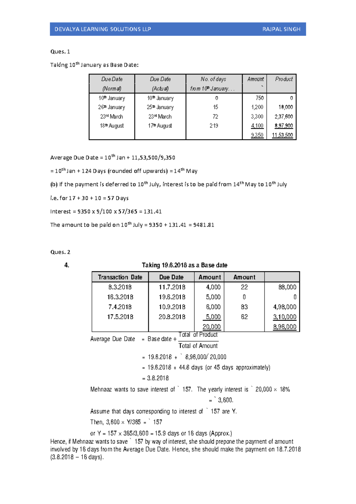 Solutions Average Due Date Ques 1 Taking 10th January As Base Date