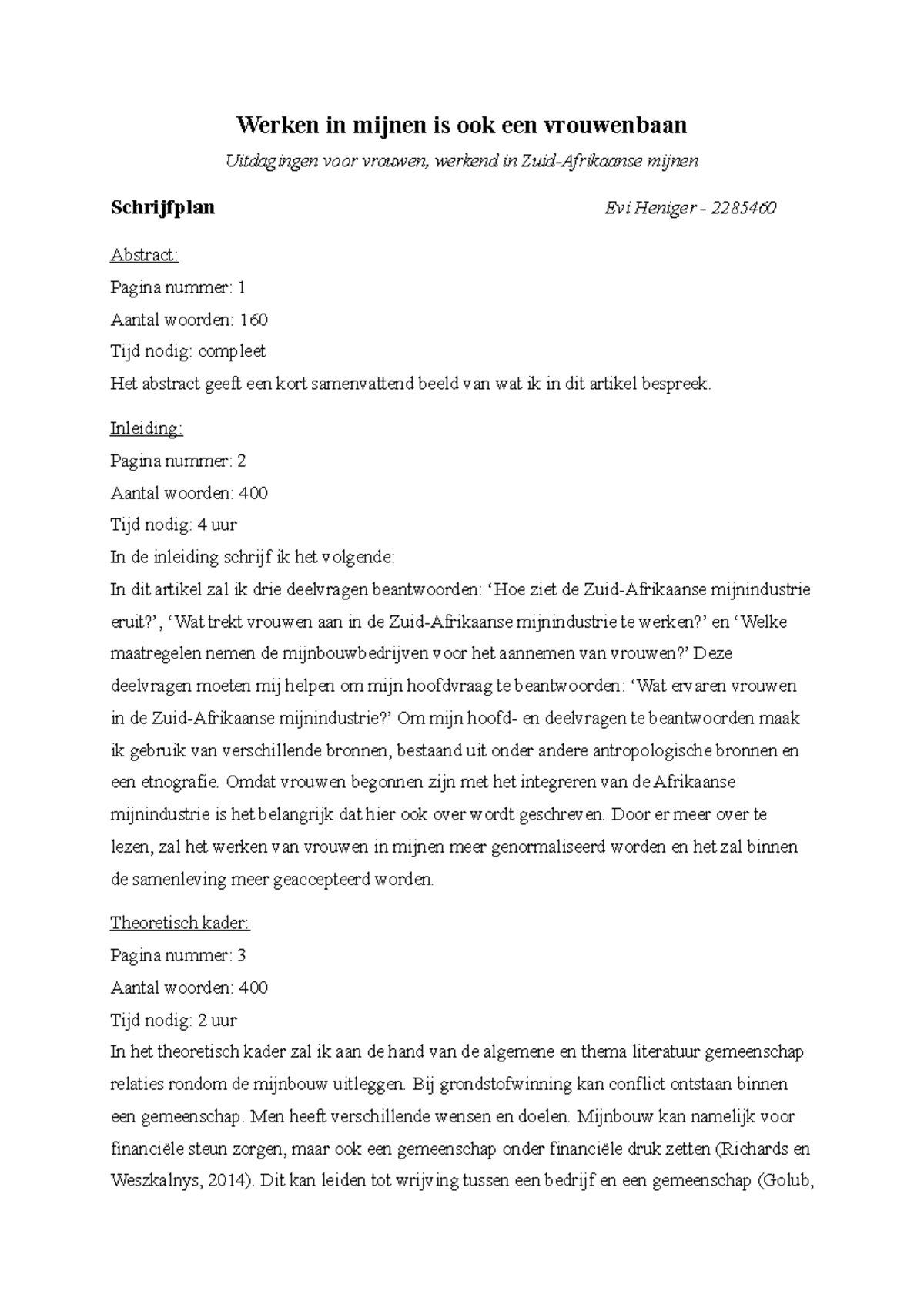 Casus WS - Schrijfplan - Cijfer: 7 - Werken in mijnen is ook een ...