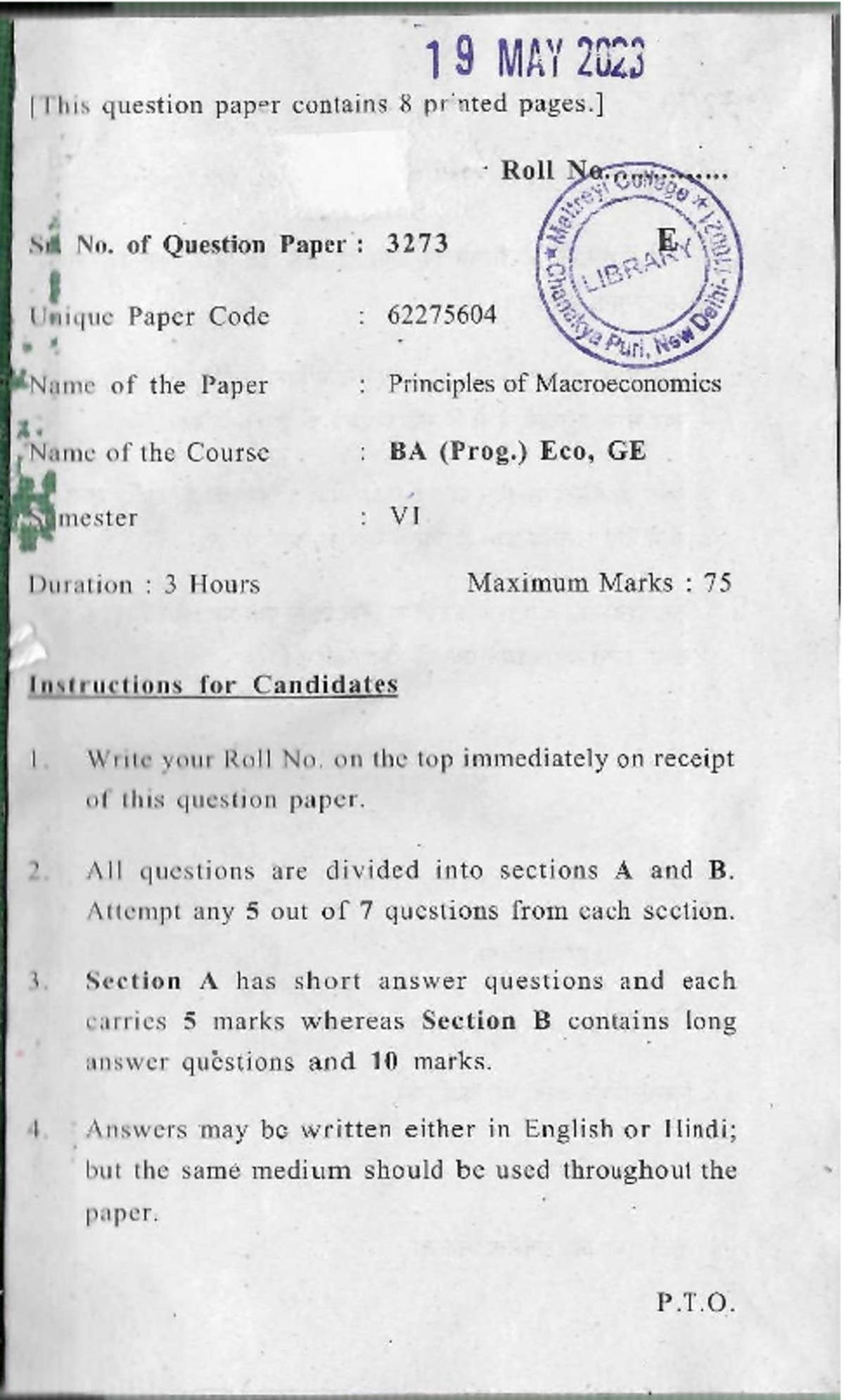 ALL Course GE - generic elective - 19 MAY 2023 question paper contains 8 printed Roll No. SE No ...