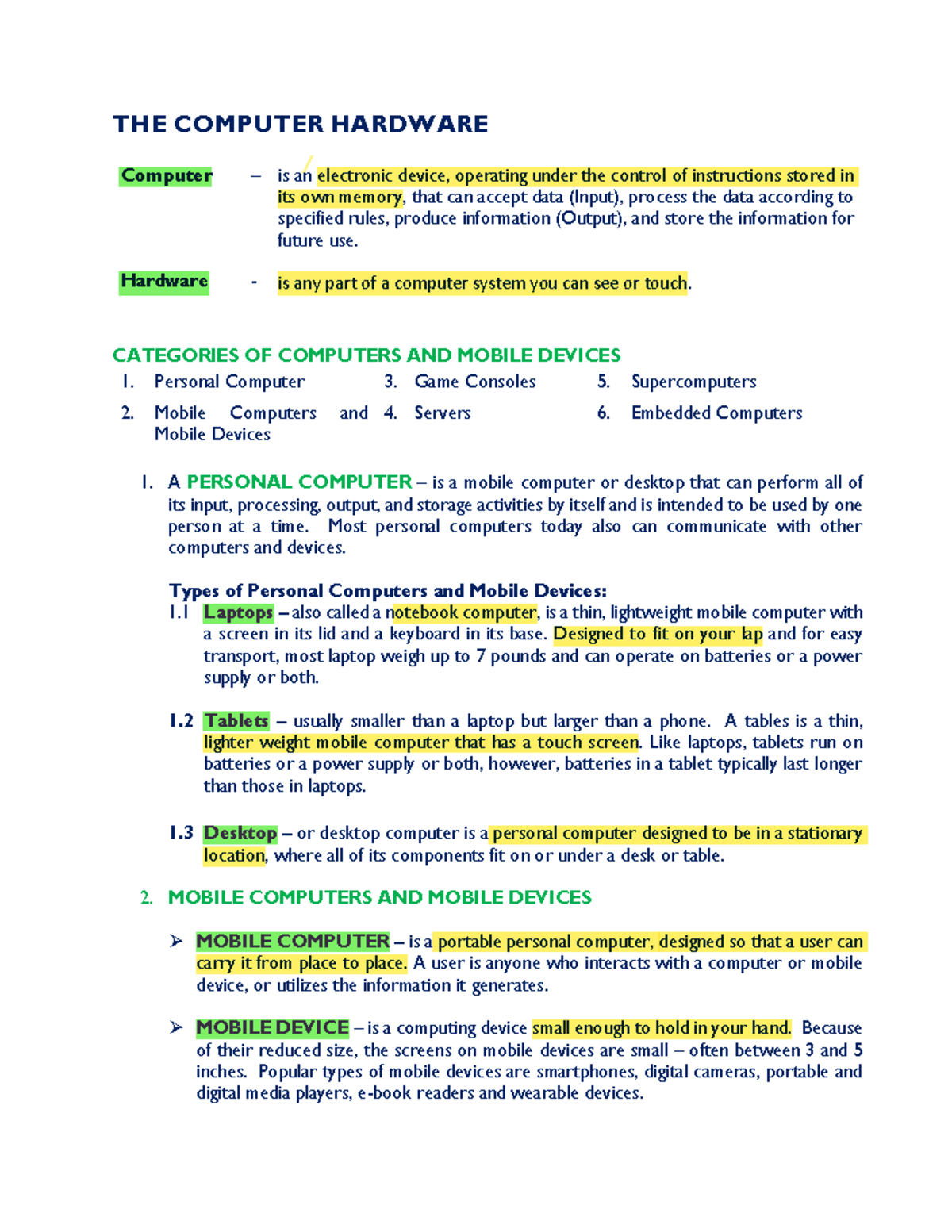 COMP 1 2021-2 Computer Hardware - THE COMPUTER HARDWARE Computer – is ...