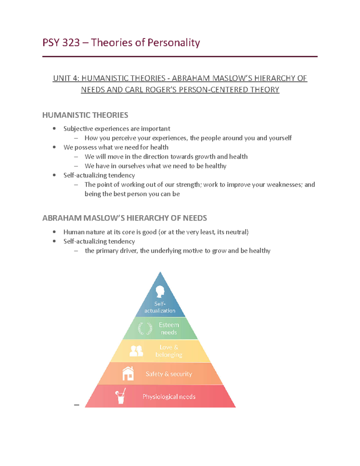 Unit 4: Humanistic Theories - Abraham Maslow and Carl Rogers - PSY 323 – Theories of Personality ...