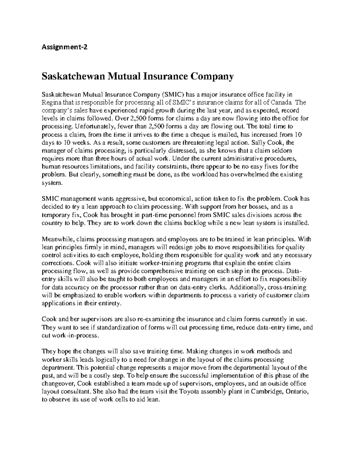 Assignment Operations Management - Assignment- 2 Saskatchewan Mutual ...