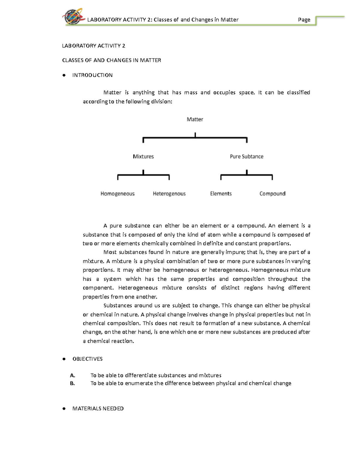 Labrep-2- Classes OF AND Changes IN Matter - LABORATORY ACTIVITY 2 ...