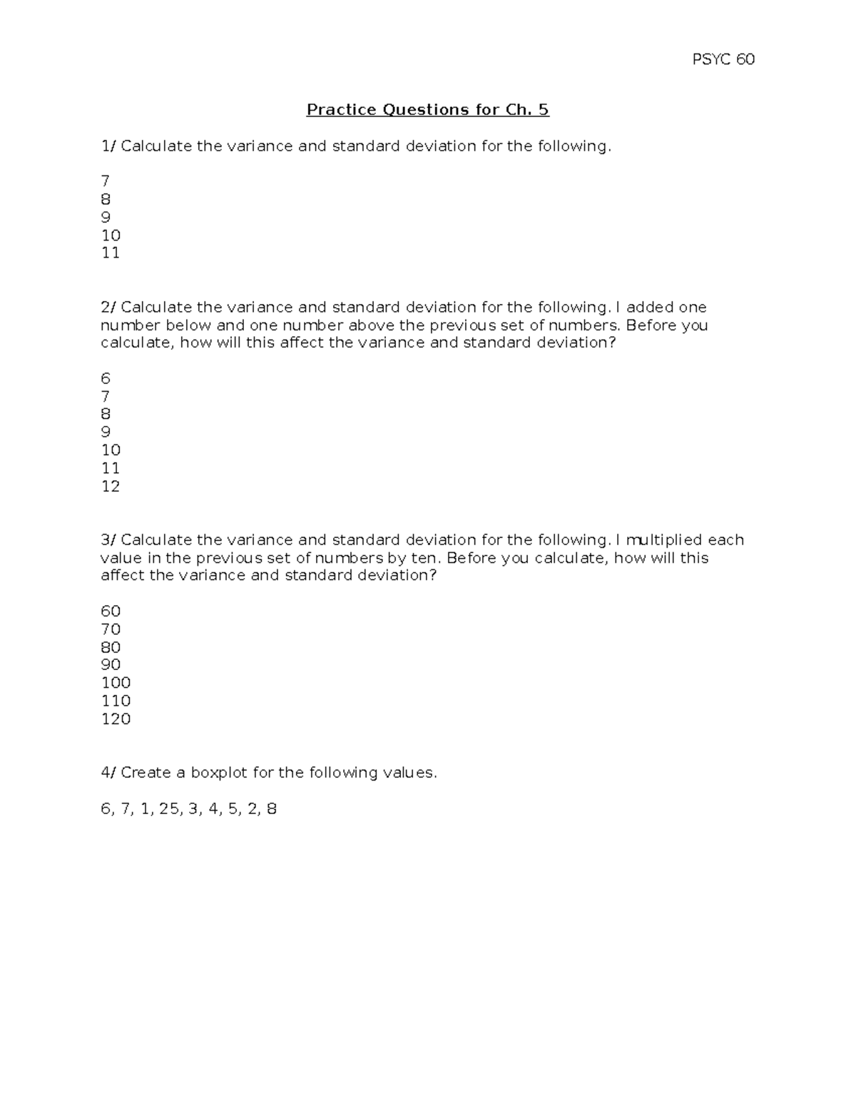 Practice Questions for Ch. 5 - 5 1/ Calculate the variance and standard ...