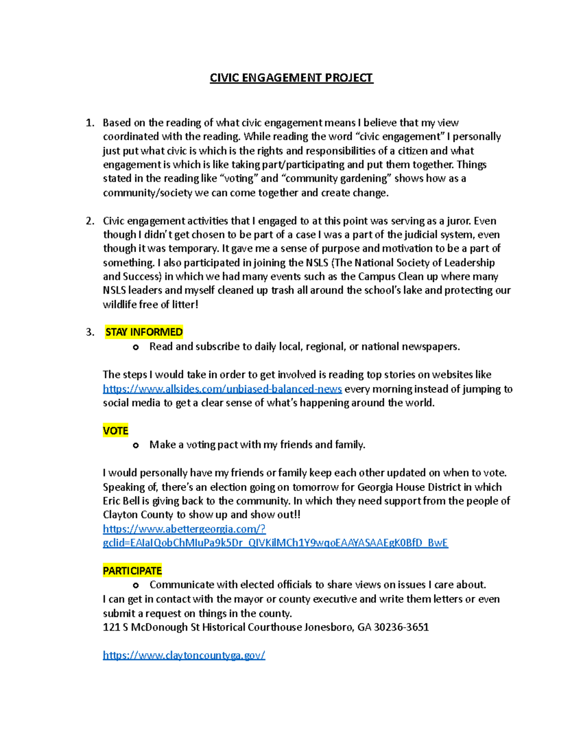 Civic Engagement Project - CIVIC ENGAGEMENT PROJECT Based on the ...