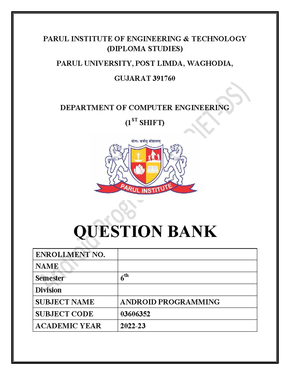 Android programming Question Bank 6th sem - PARUL INSTITUTE OF ...