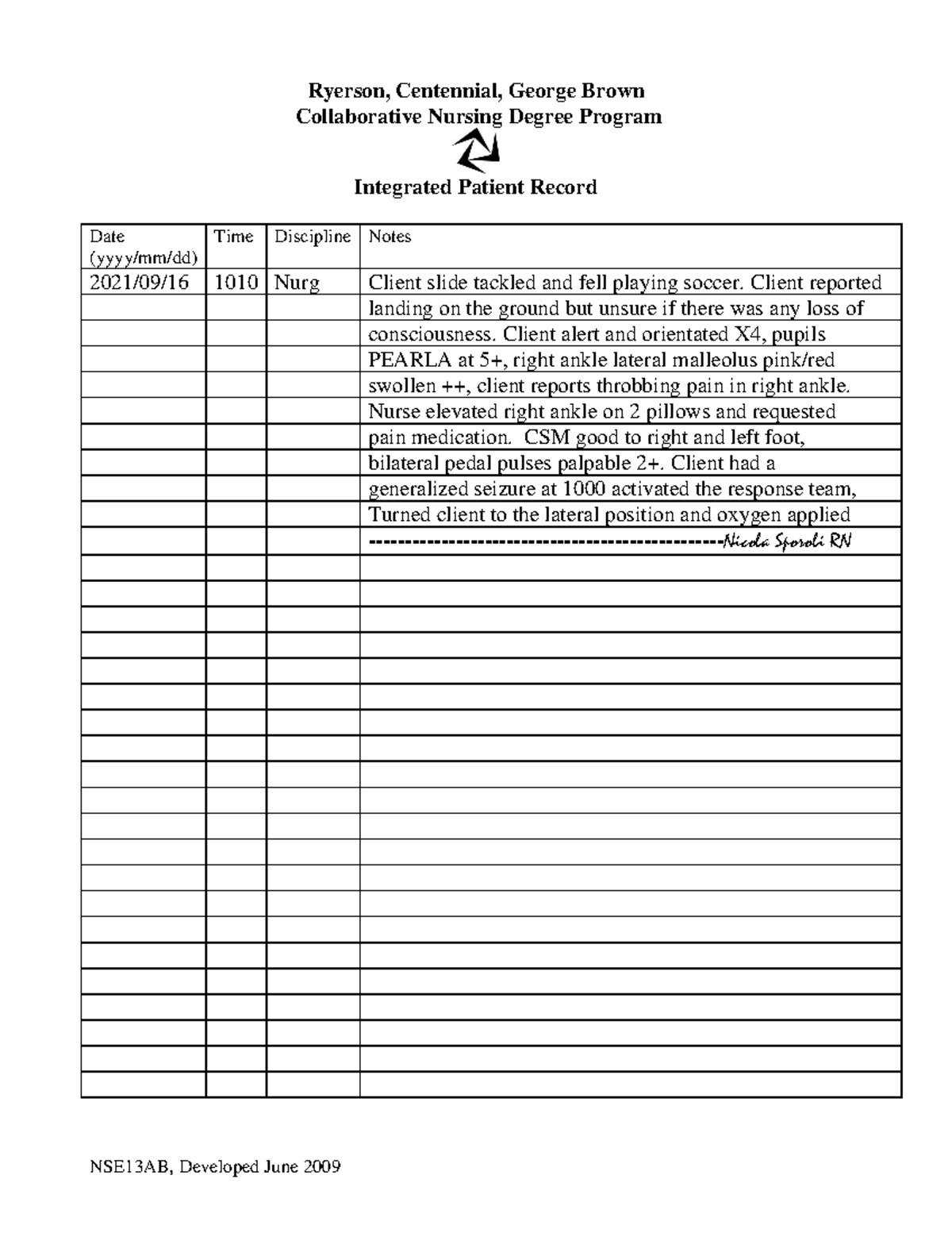 Integrated Patient Record Sample - NSE13AB, Developed June 2009 Ryerson ...
