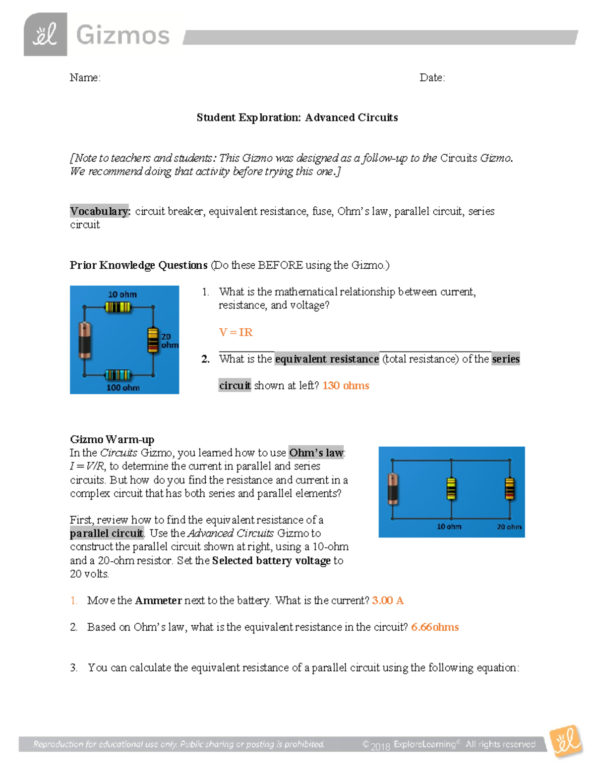 Advanced Circuits - Gizmo - Name: Date: Student Exploration: Advanced Circuits [Note to teachers ...