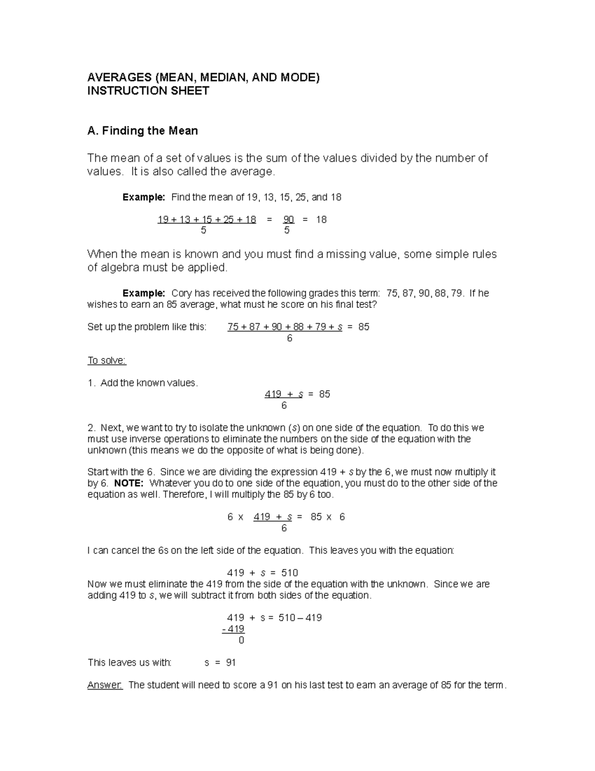 Math Averages - lecture - AVERAGES (MEAN, MEDIAN, AND MODE) INSTRUCTION ...