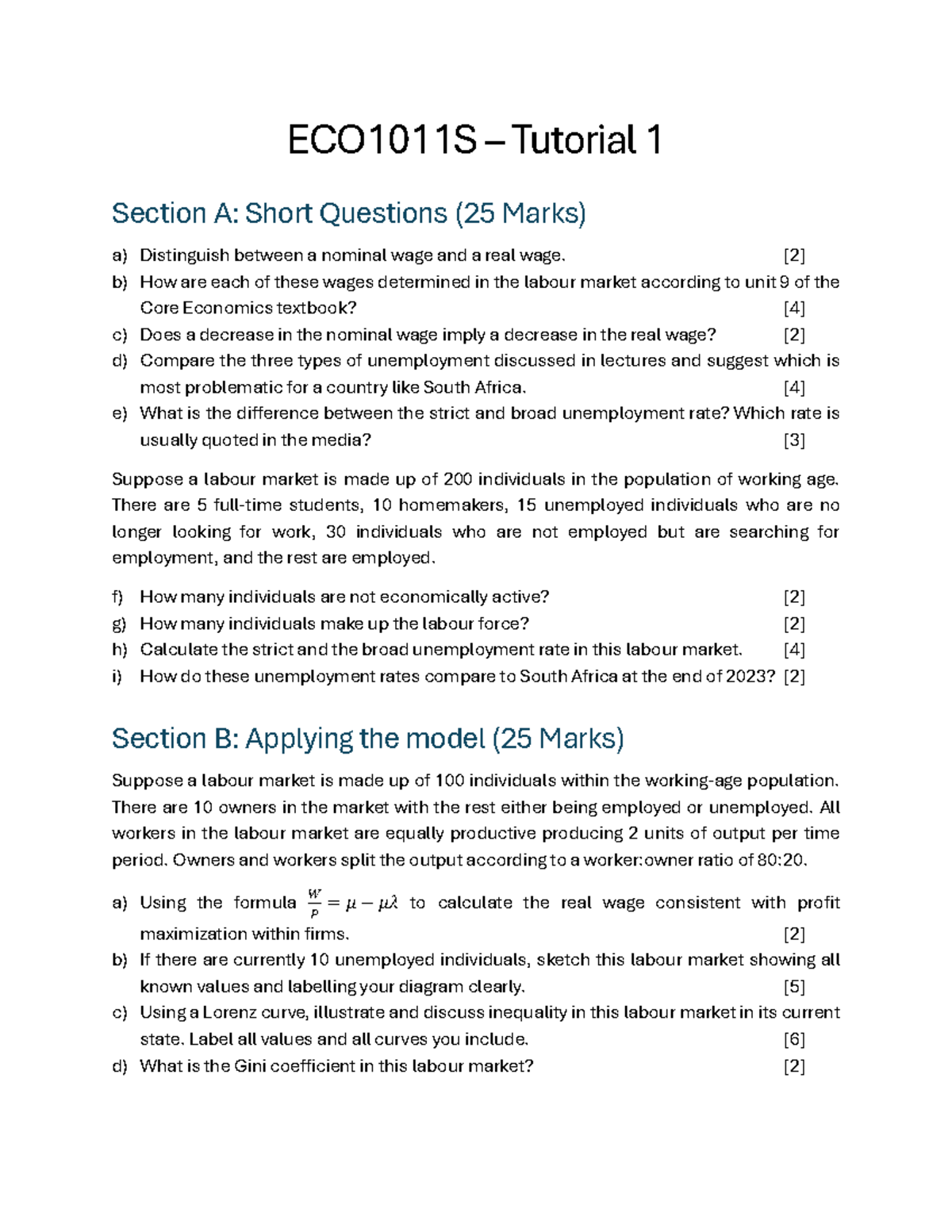 ECO1011S - Tutorial 1 - 2024 - ECO1011S – Tutorial 1 Section A: Short Questions ( 2 5 Marks) a ...