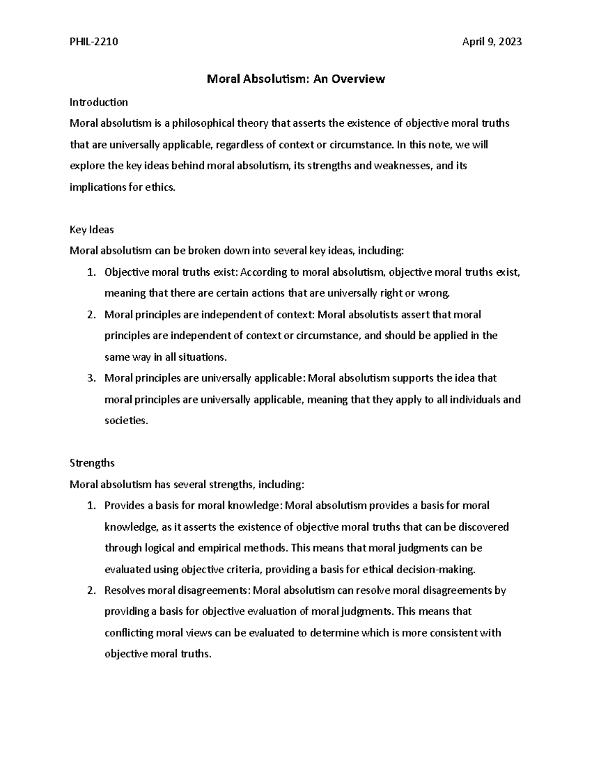 Moral absolutism - PHIL-2210 April 9, 2023 Moral Absolutism: An ...