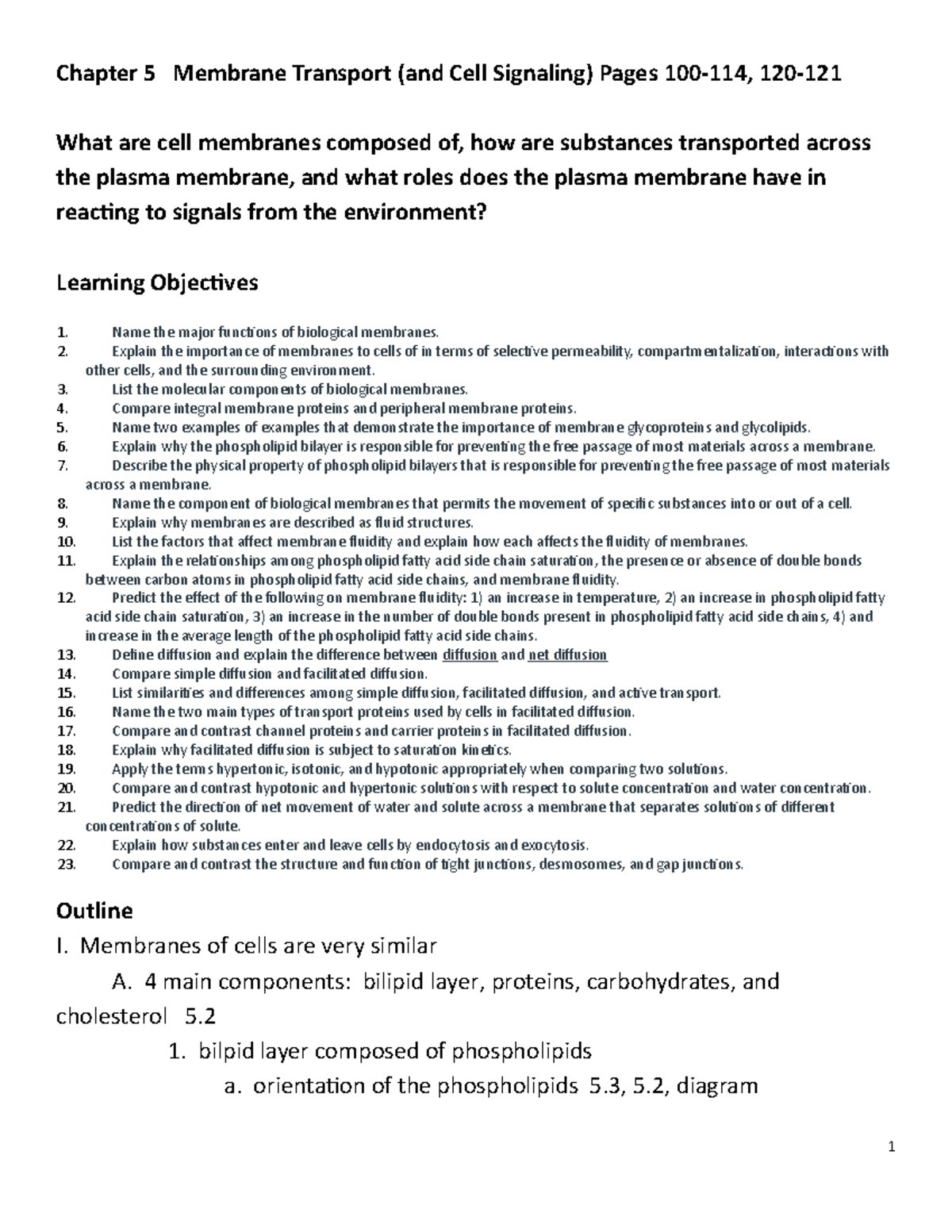 Outline Chapter 5 - 100 to 114,120 to 121 - Chapter 5 Membrane ...