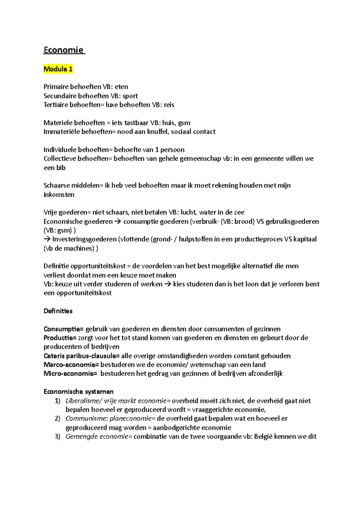 Eco nomie - Economie Module 1 Primaire behoeften VB: eten Secundaire ...