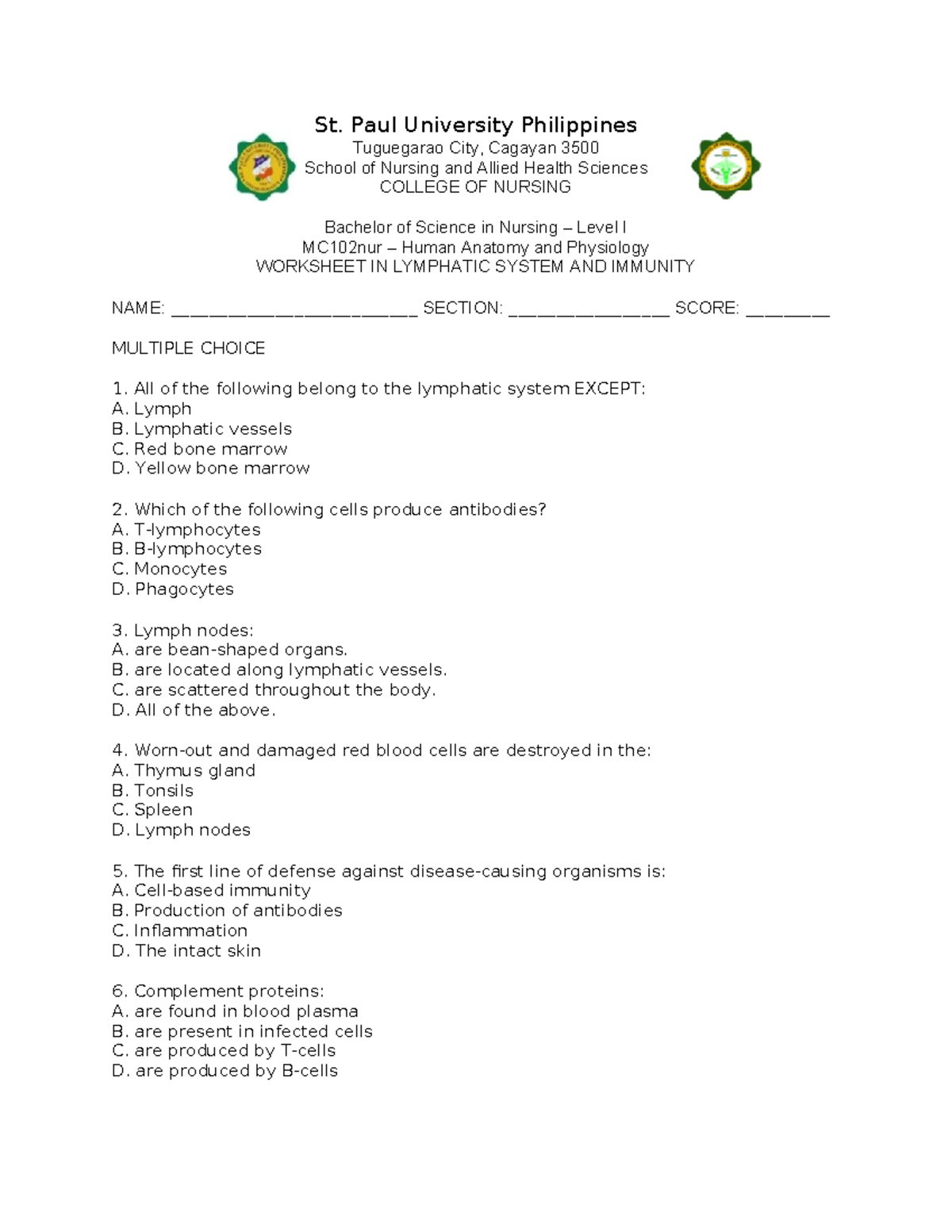 Worksheet-Lymphatic-System - St. Paul University Philippines Tuguegarao ...