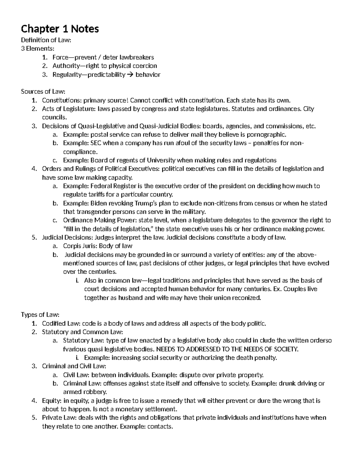 Chapter 1 Notes - Chapter 1 Notes Definition of Law: 3 Elements: 1 ...