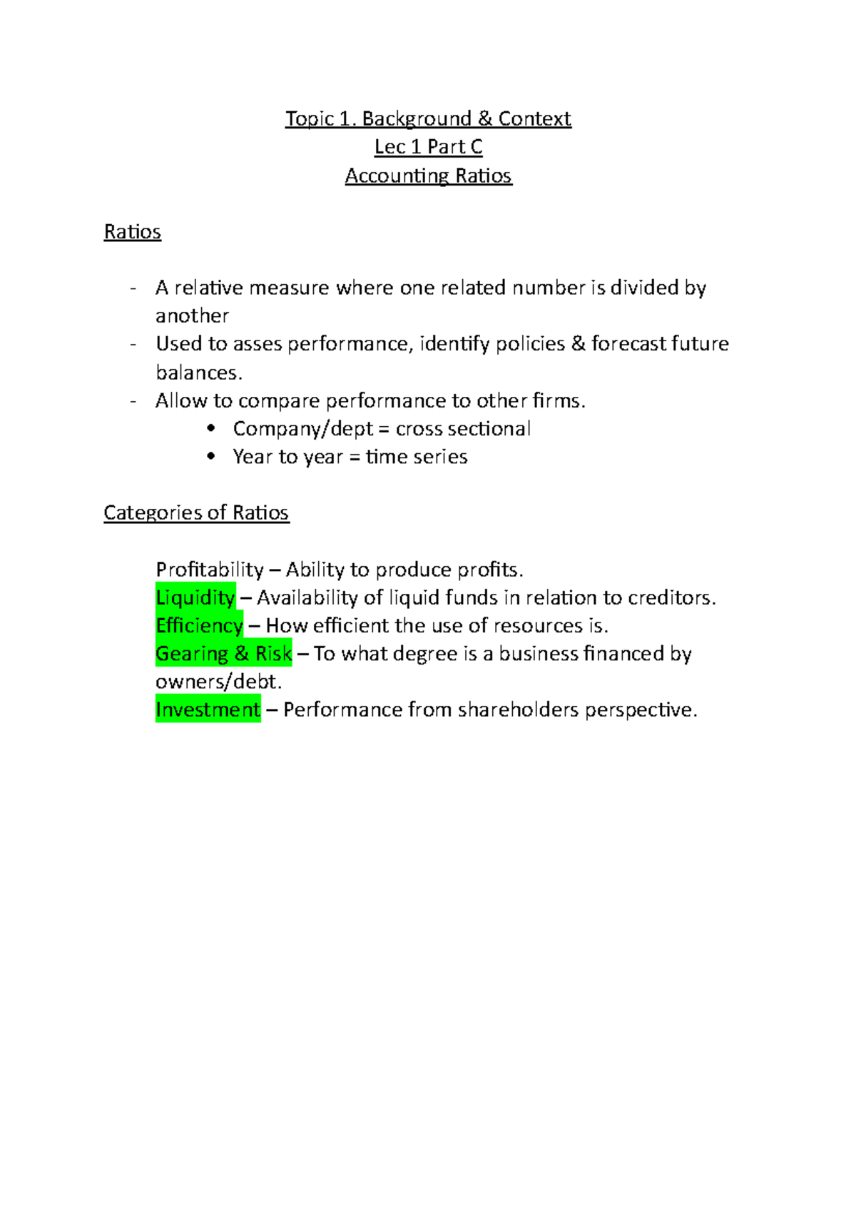 Lec 1 C - Ratios - Lecture notes 1 C - Topic 1. Background & Context ...