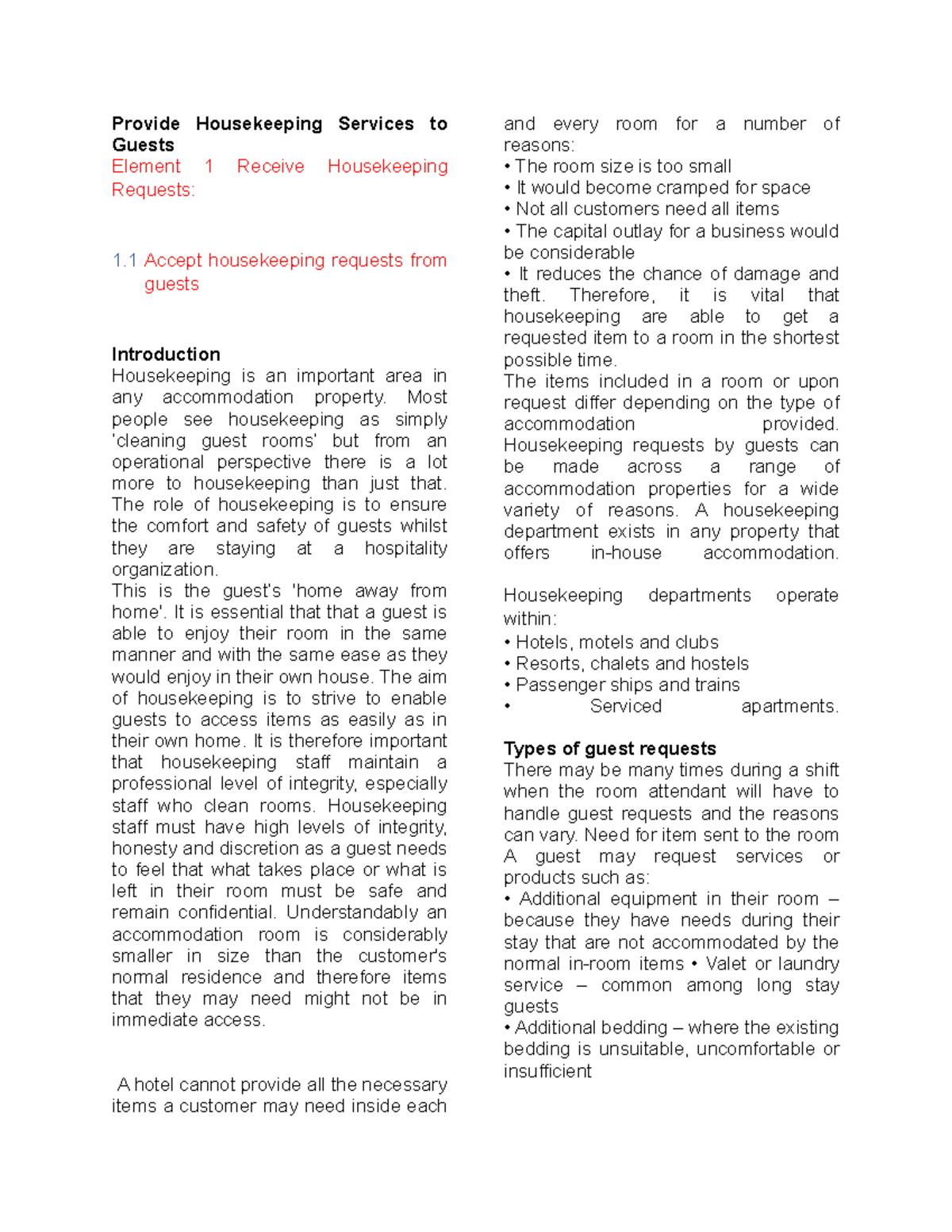 Fundamentals in Lodging Operations - Guest Request and Guest Interaction - Provide Housekeeping ...