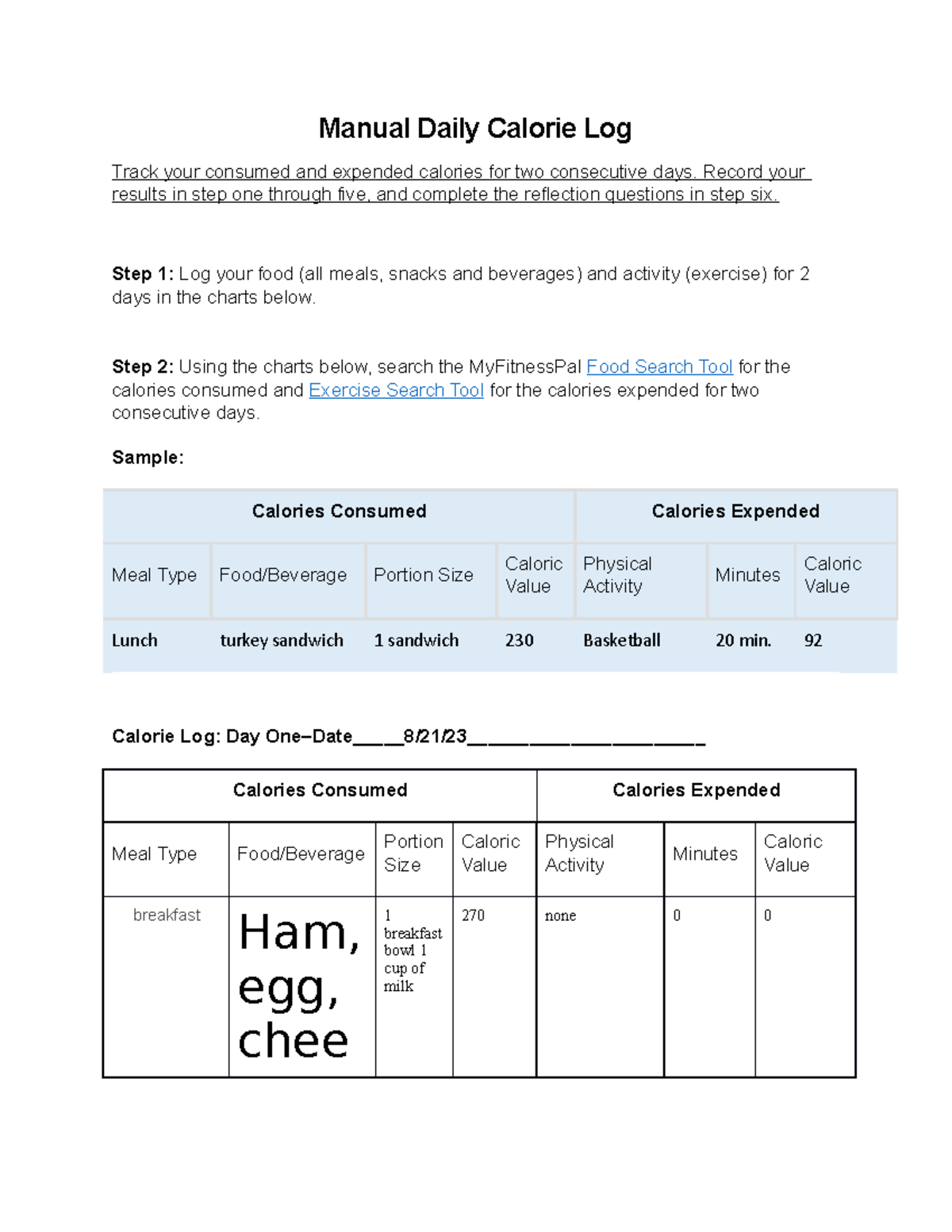 Manual daily calorie log wk - Manual Daily Calorie Log Track your ...