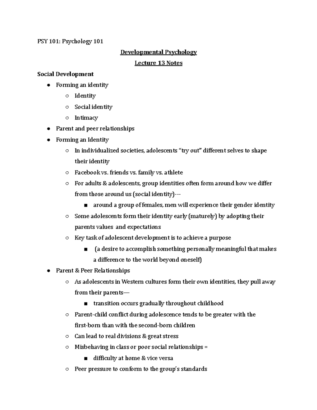 PSY 101 Developmental Psychology Unit Notes Lecture 13 - Spring 2020 ...