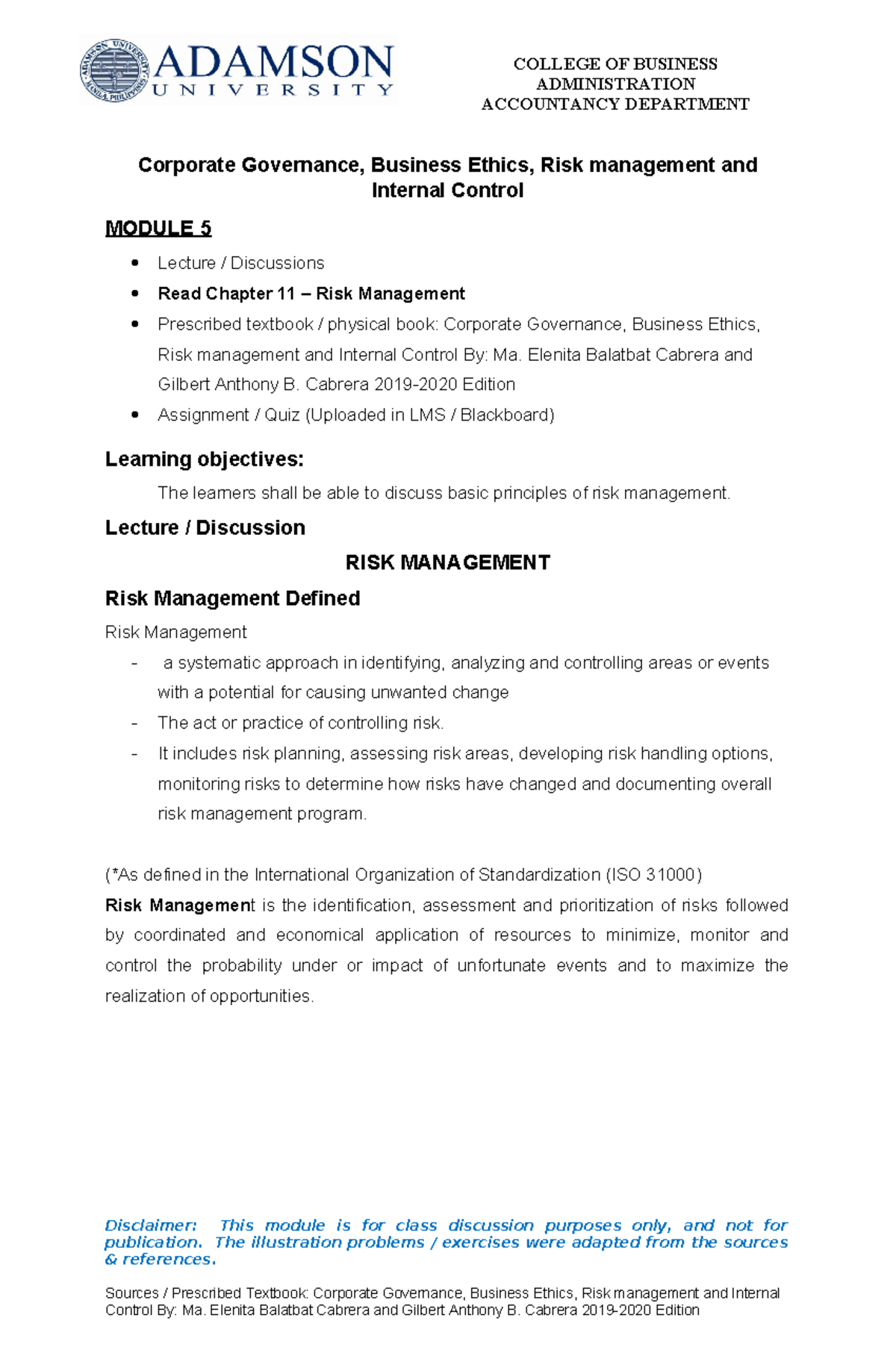 Module 5- Corporate Governance, Business Ethics, Risk Management and ...