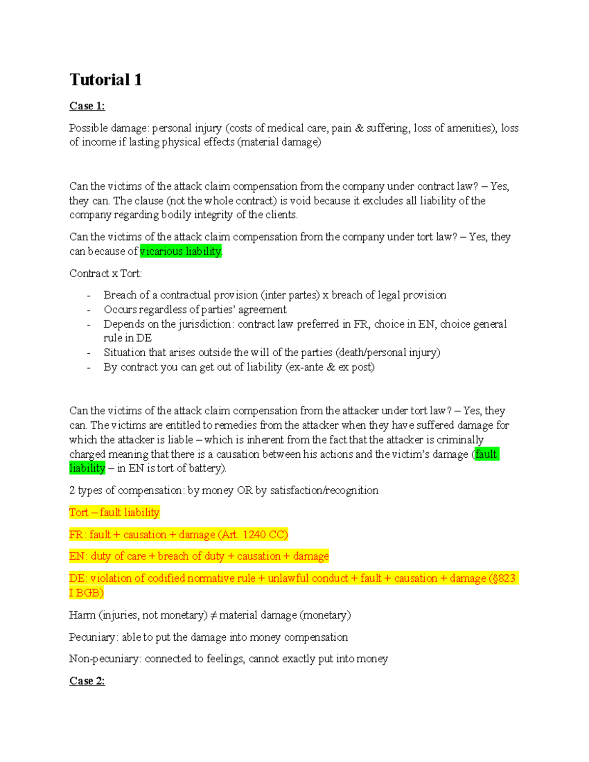Tasks-3 - task tutorial 1 - Tutorial 1 Case 1: Possible damage: personal injury (costs of ...