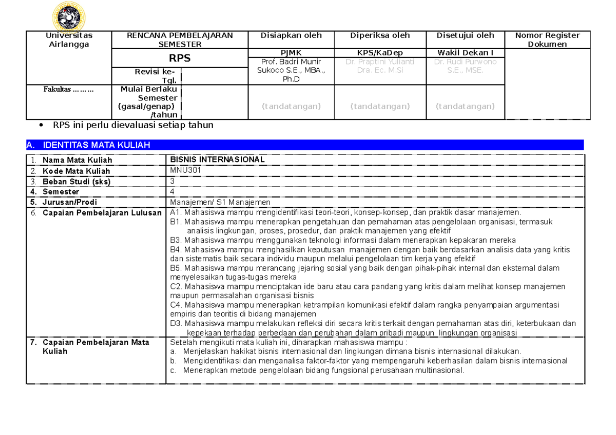 RPS Bisnis Internasional - 2023 - Airlangga SEMESTER Dokumen RPS PJMK ...