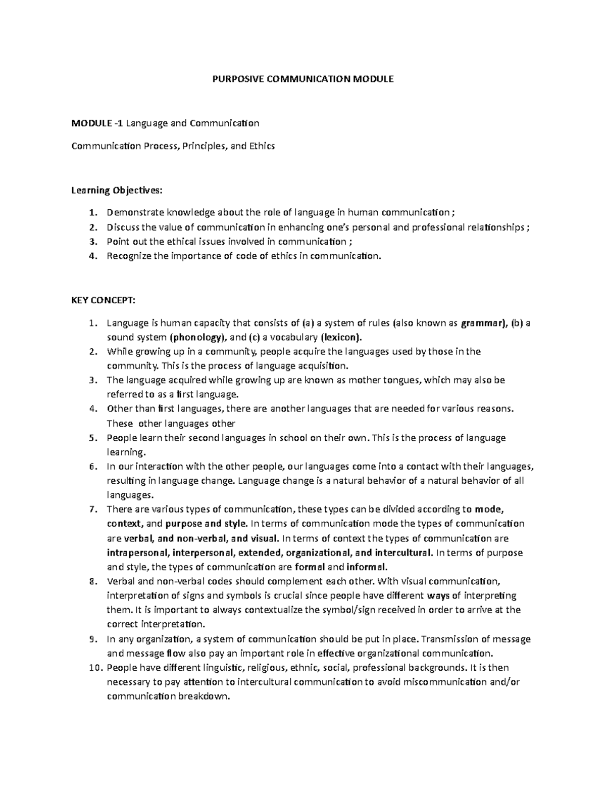 1 - notes - PURPOSIVE COMMUNICATION MODULE MODULE -1 Language and ...