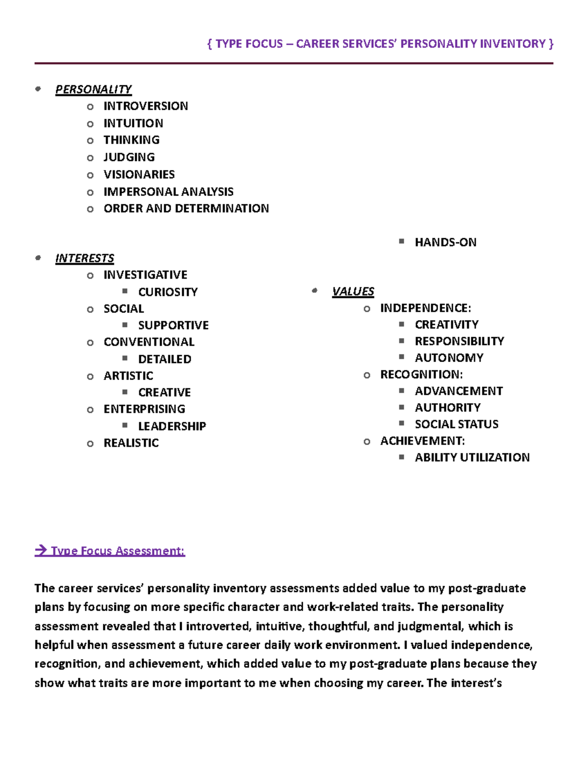 TYPE Focus Assessment - Hw Assigned - { TYPE FOCUS – CAREER SERVICES ...