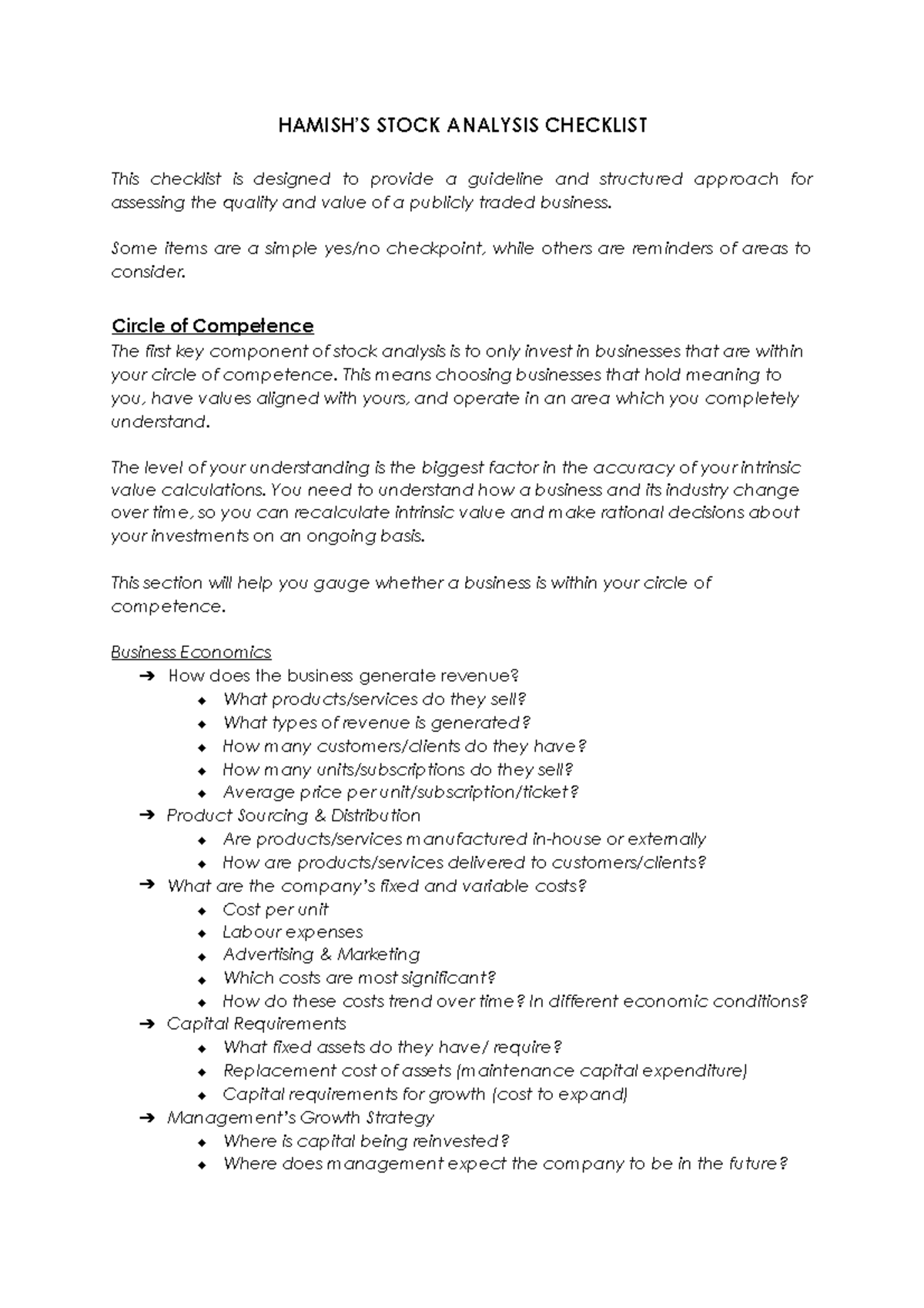 Stock analysis - HAMISH’S STOCK ANALYSIS CHECKLIST This checklist is ...