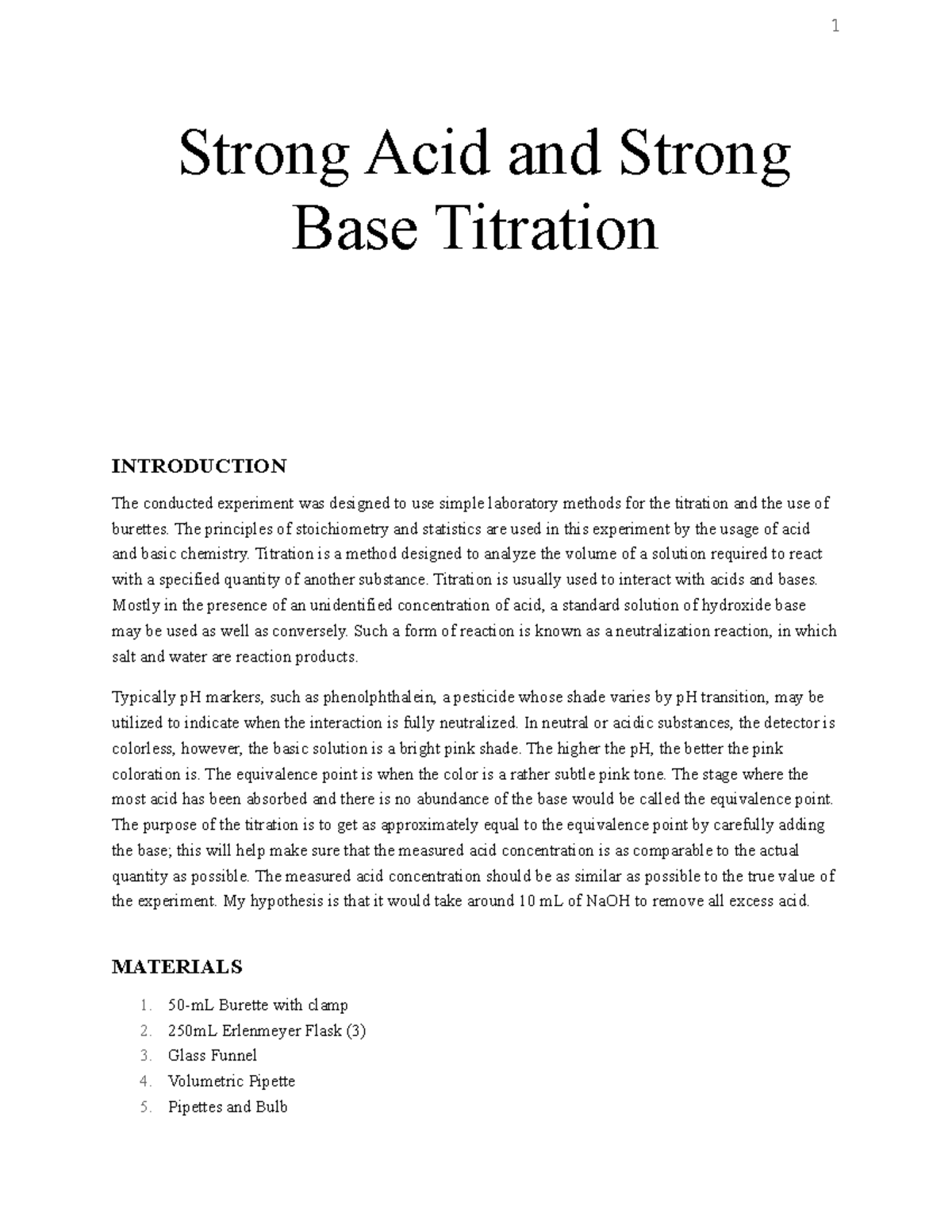 Strong Acid and Strong Base Titration Lab - 1 Strong Acid and Strong ...