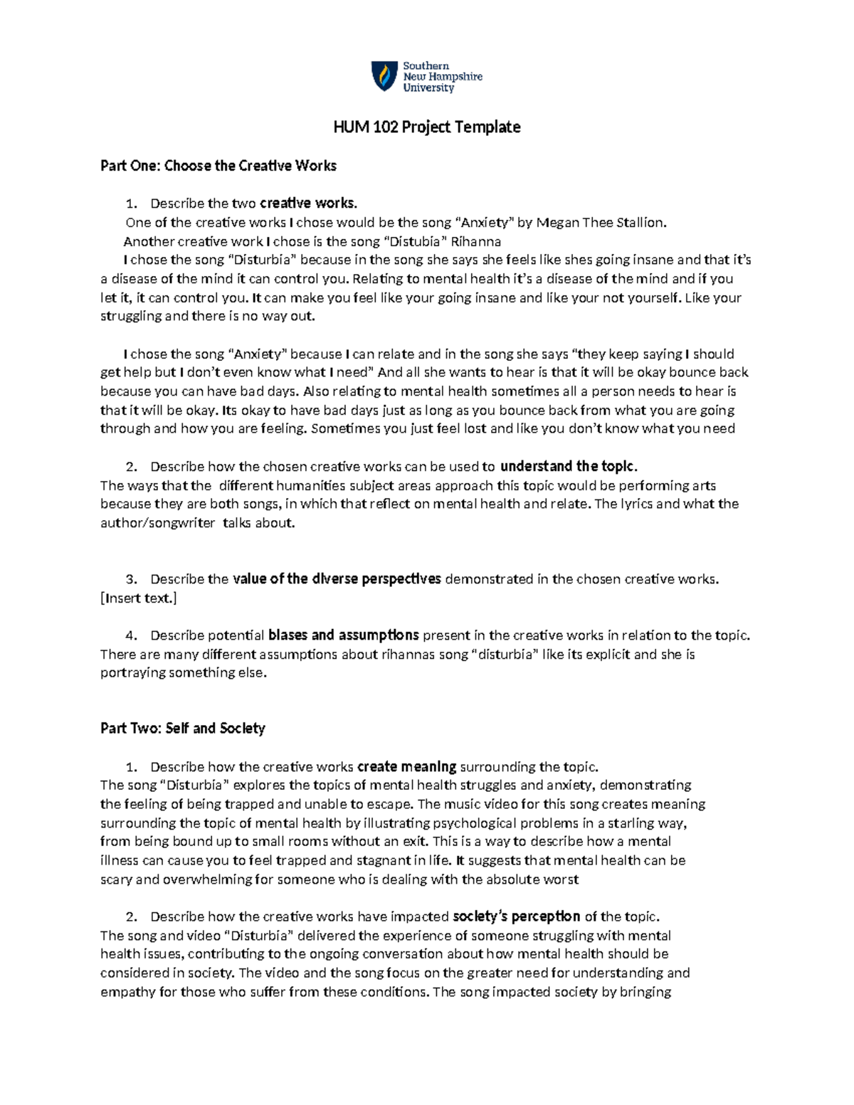 HUM 102 Project Template - HUM 102 Project Template Part One: Choose ...
