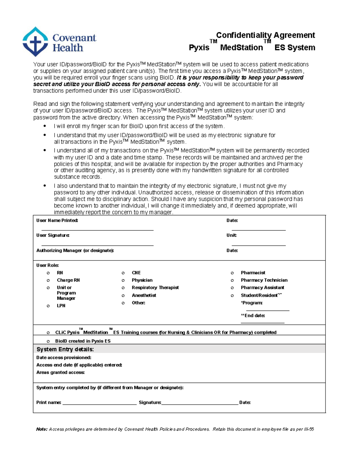 Pyxis ES Access Form Feb 2022 New User Covenant - Confidentiality ...