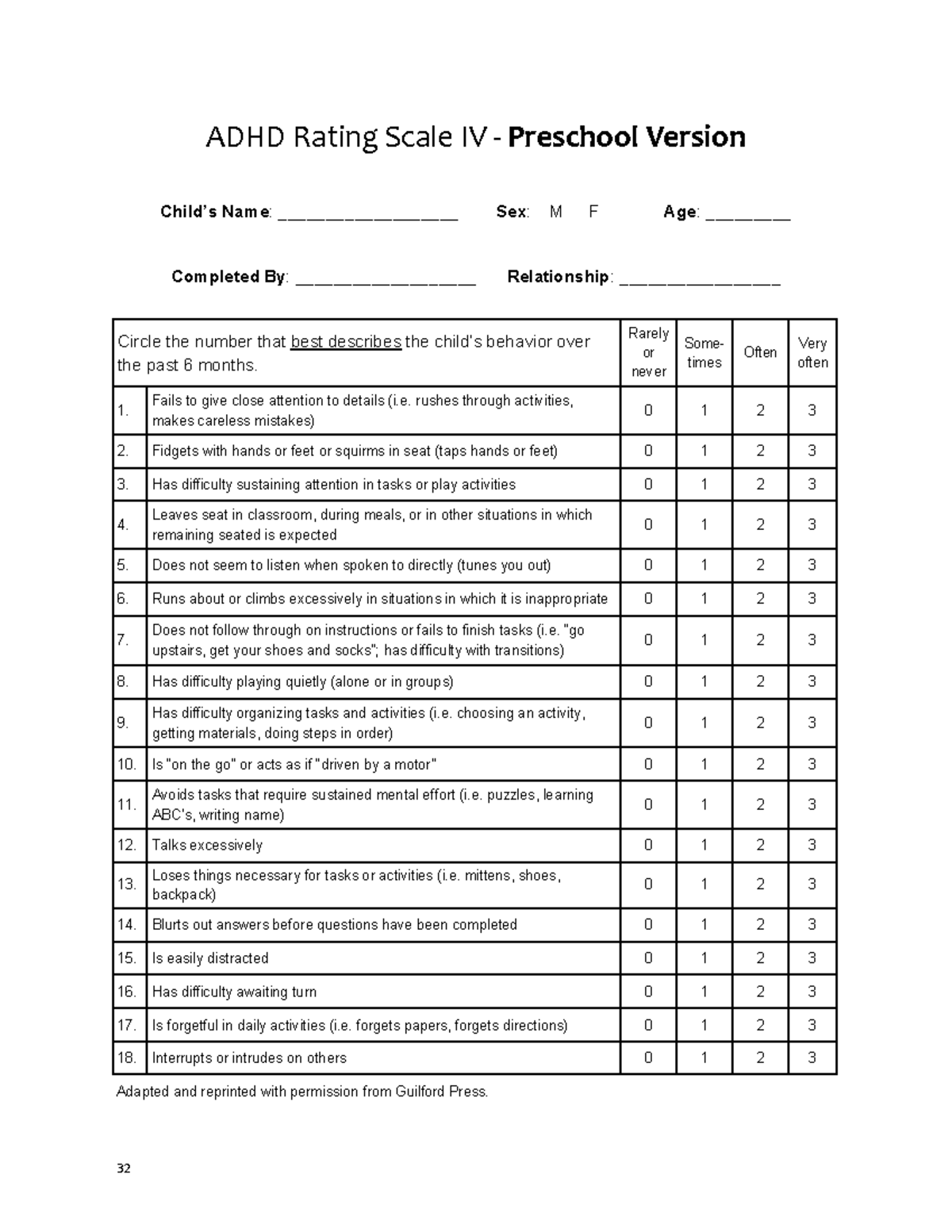 Preschool ADHD questionnaire - 32 ADHD Rating Scale IV - Preschool Version Child’s Name: - Studocu
