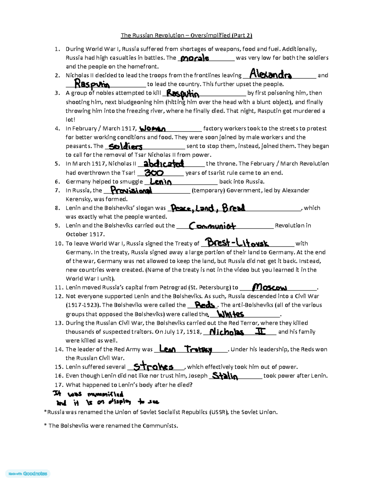 The Russian Revolution Oversimplified Pt 2 Questions-1 - The Russian ...