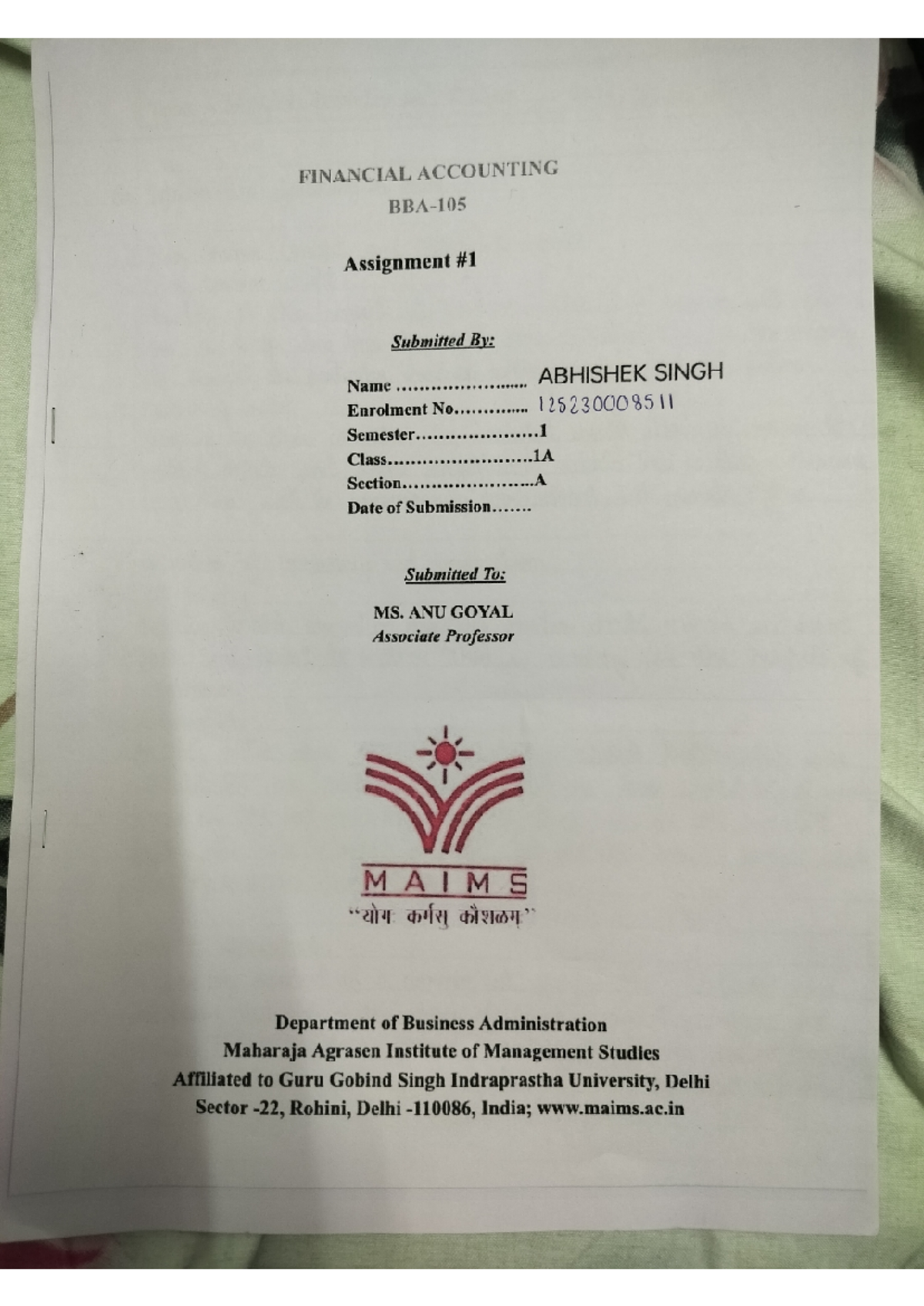 FAA Assignment Abhishek Singh - bachelors of business administration - Studocu