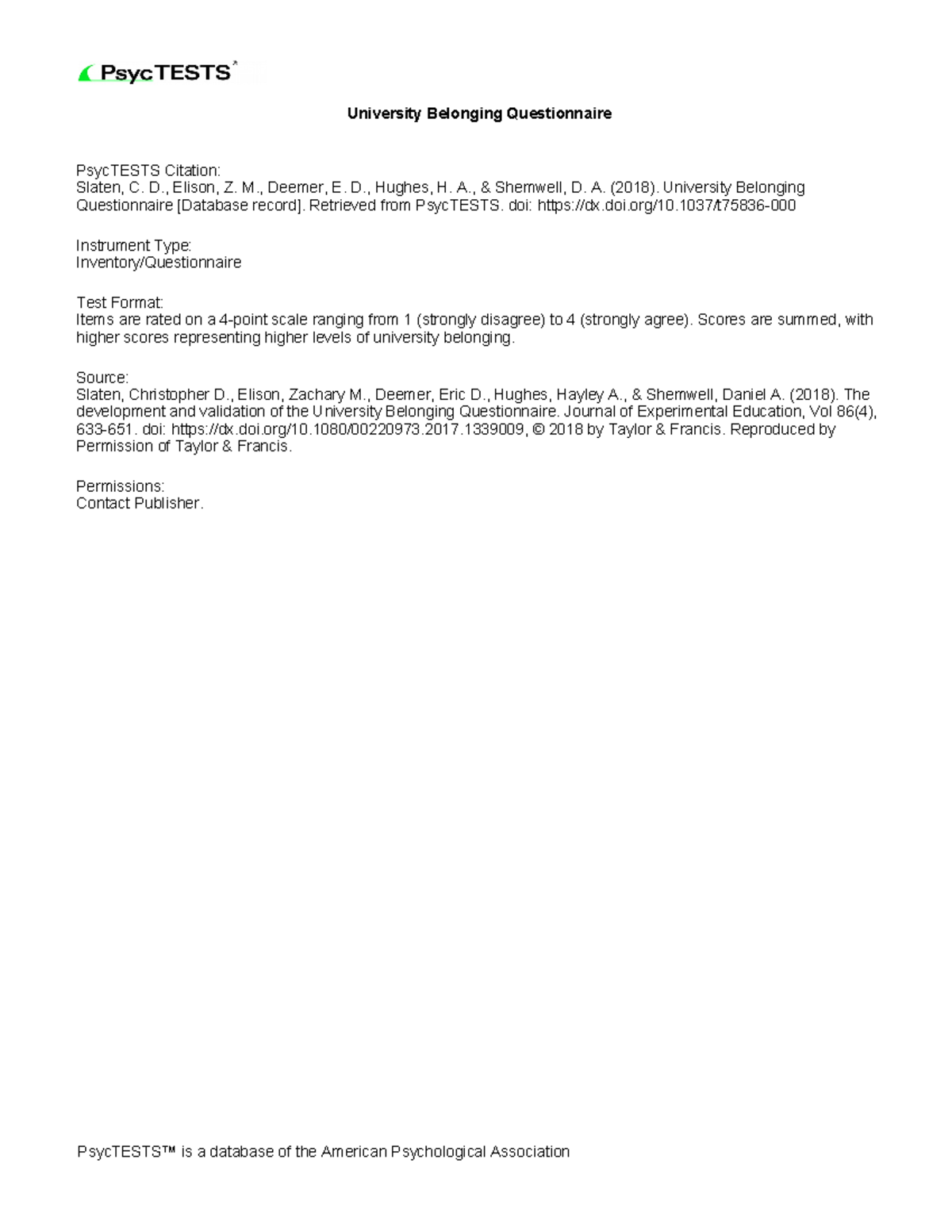 University Belonging Questionnaire - University Belonging Questionnaire ...