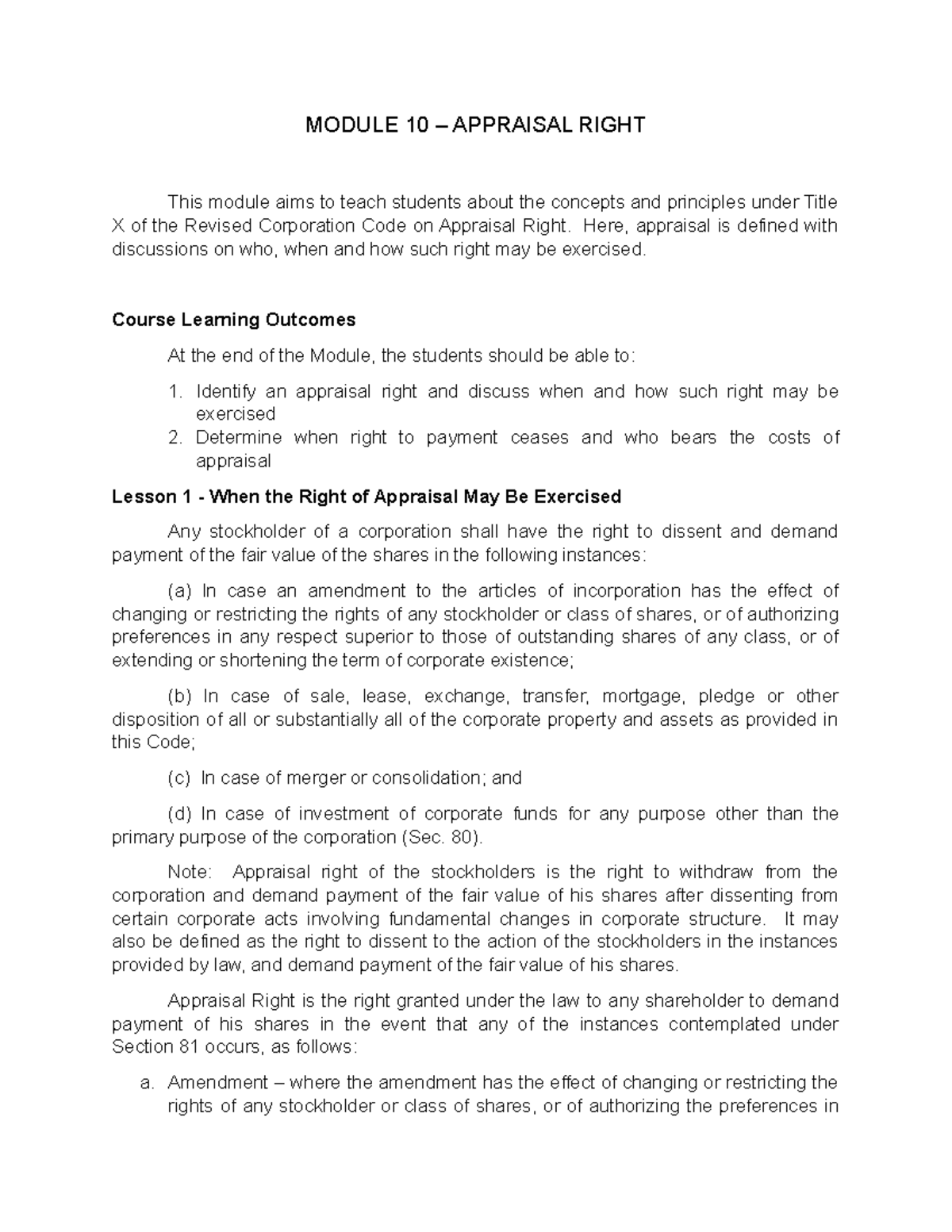 Module 10 Revised Corp Code Appraisal Right MODULE 10 APPRAISAL module-10-revised-corp-code-appraisal-right-module-10-appraisal