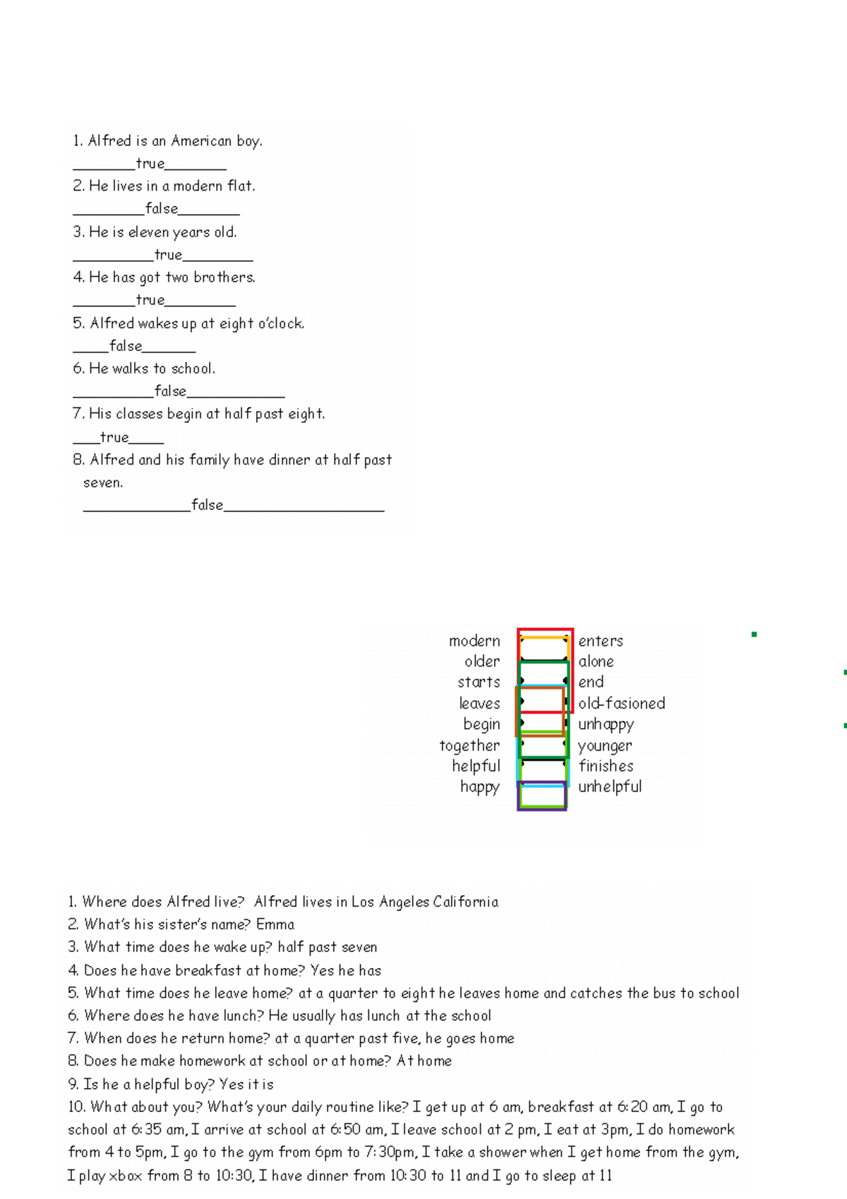 Alfred's daily routine worksheet - modern enters older alone starts end ...