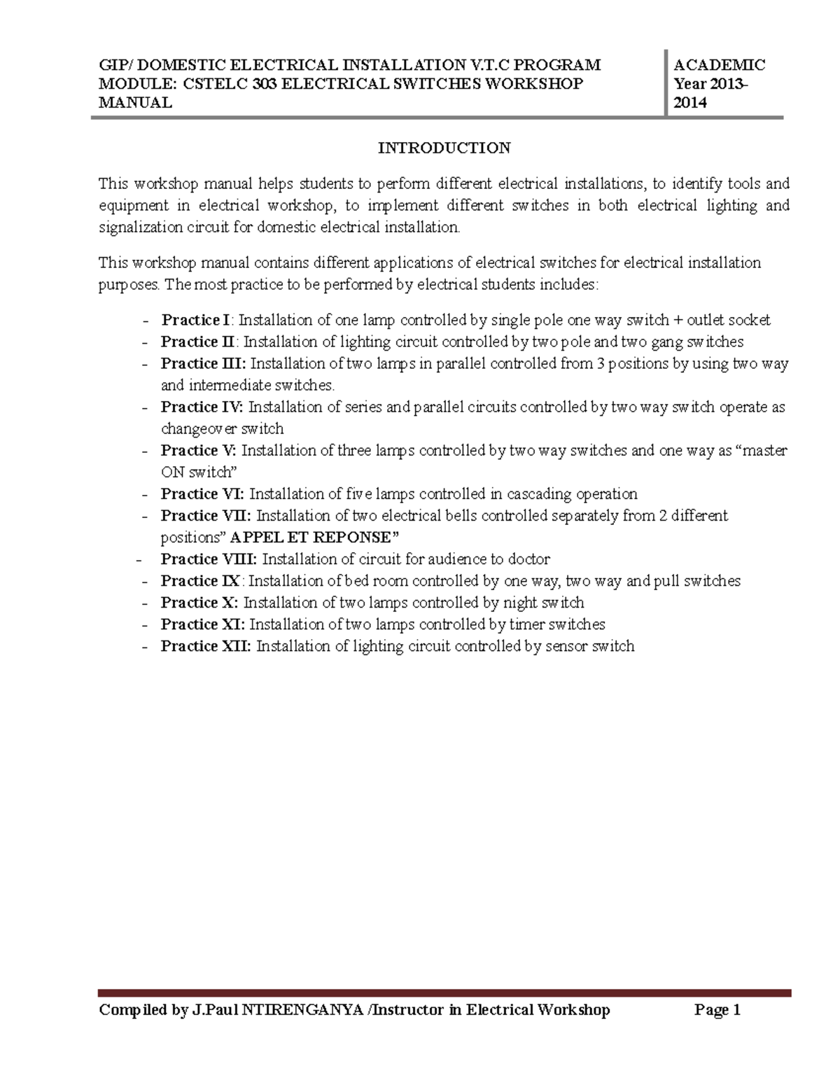 Electrical-procedures - MODULE: CSTELC 303 ELECTRICAL SWITCHES WORKSHOP ...