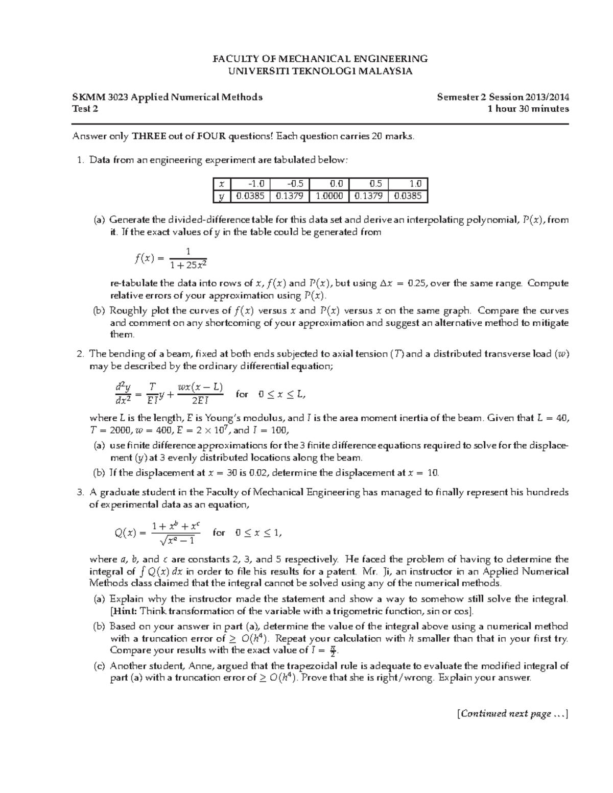Test 2 Applied Numerical Method 2014 Answer - FACULTY OF MECHANICAL ...