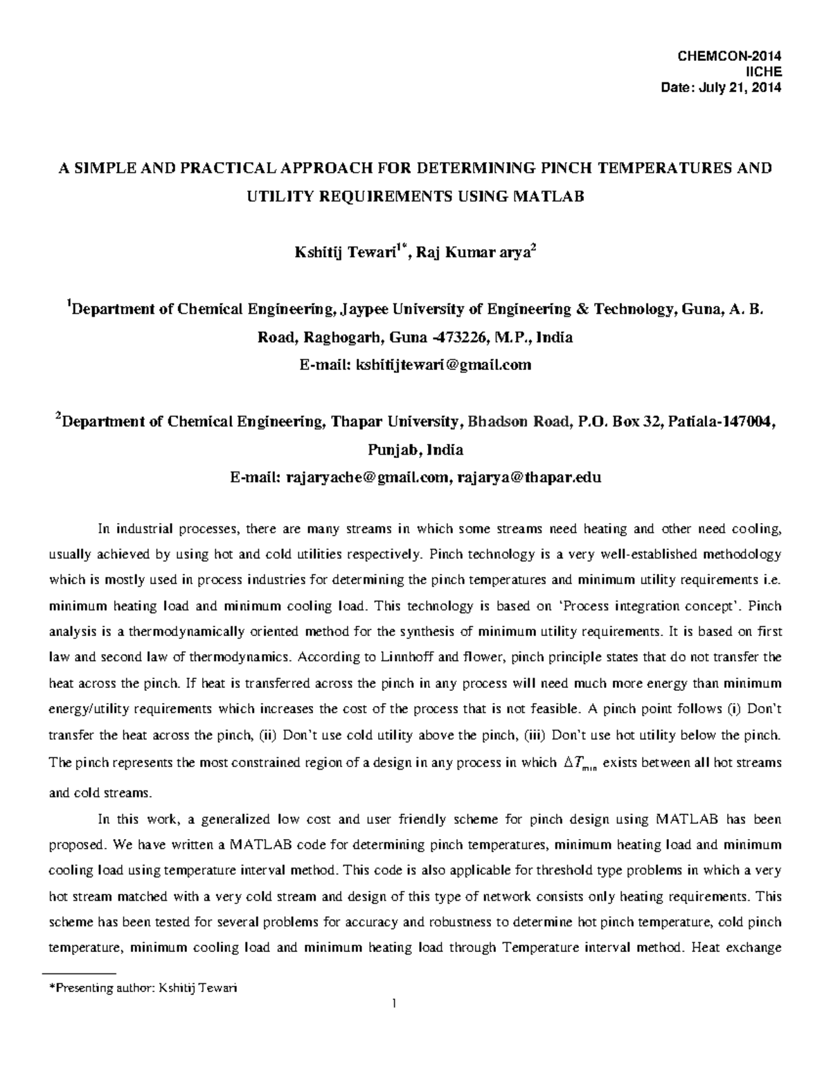 2014 Chemconpinch Analysis - CHEMCON- 2014 IICHE Date: July 21 , 2014 ...