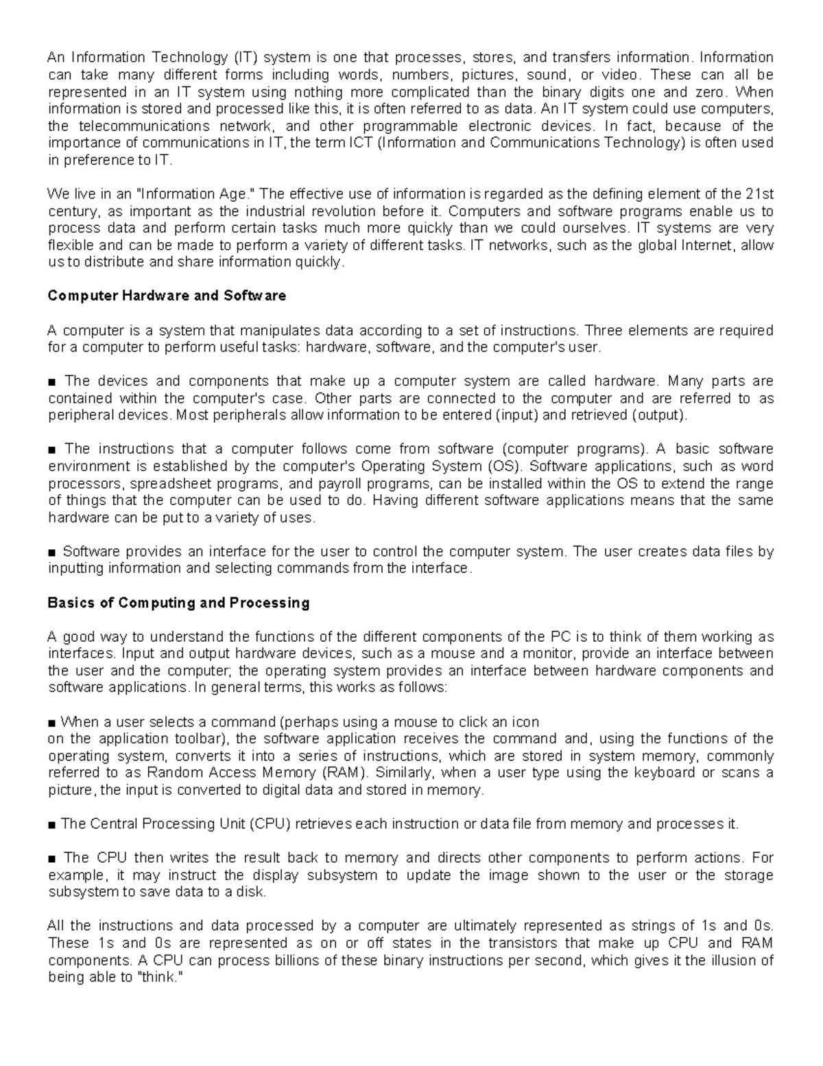 Week 1 Module - MATERIAL - An Information Technology (IT) system is one ...