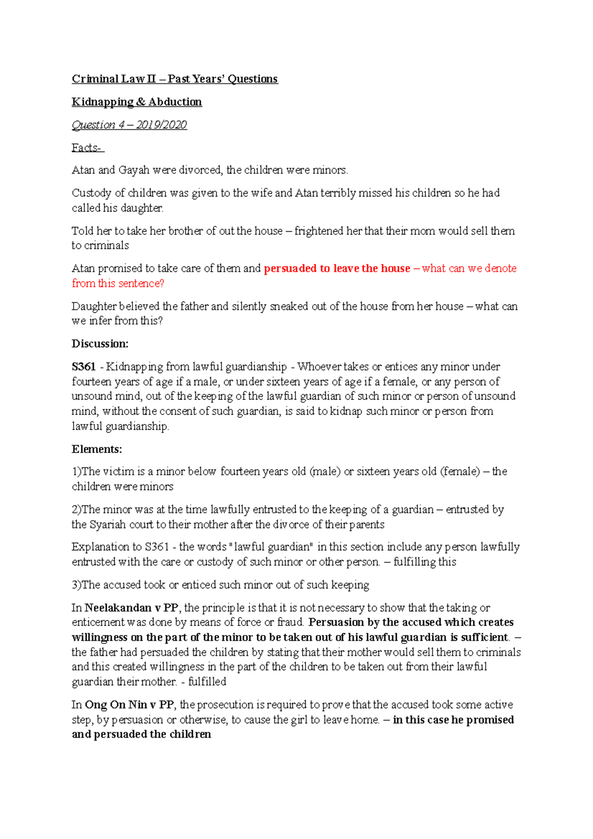 Criminal PAST YEAR Kidnap & Abduct - Criminal Law II – Past Years ...