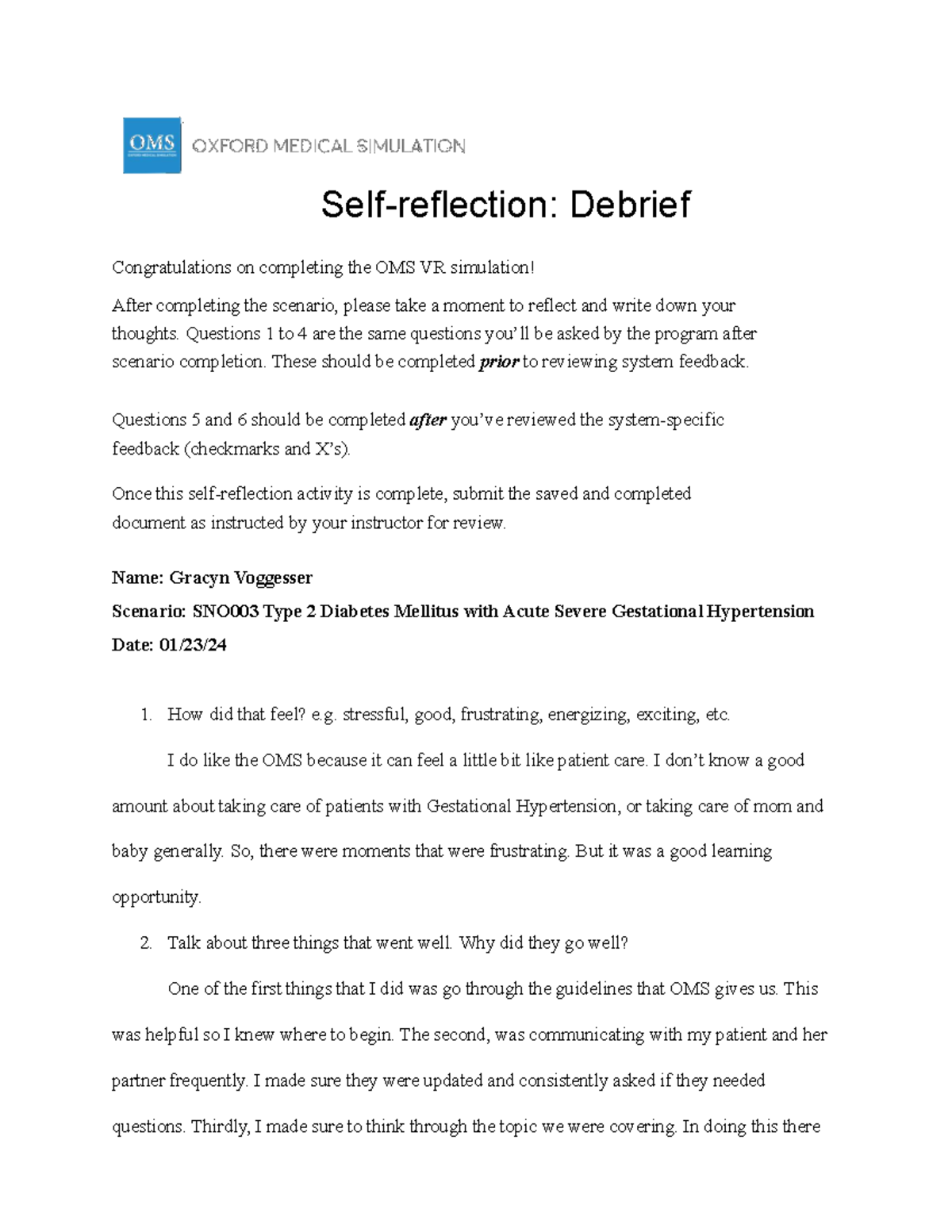 OMS self-reflection debrief - Self-reflection: Debrief Congratulations ...